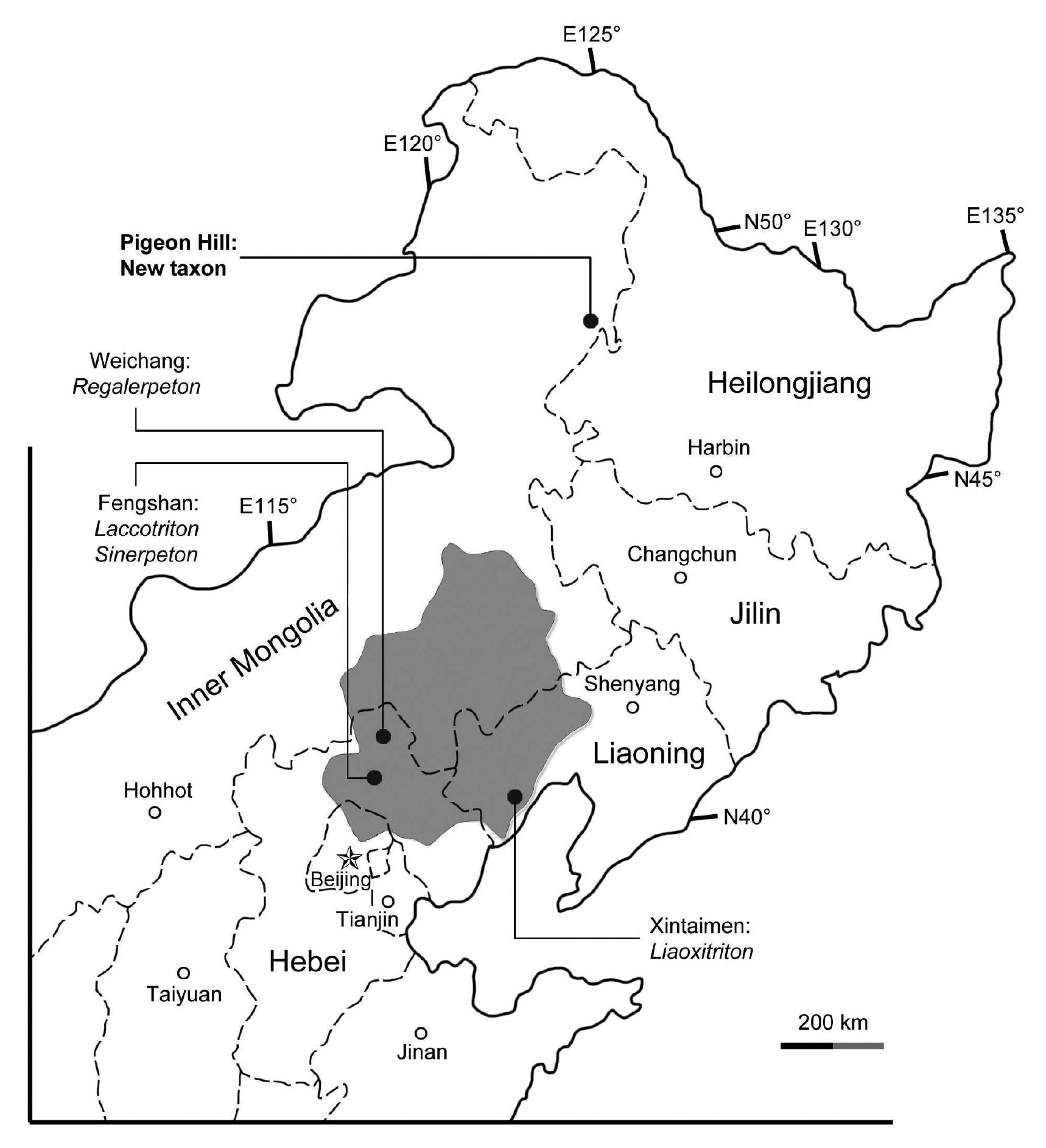 Area map showing geographic distribution of salamander
