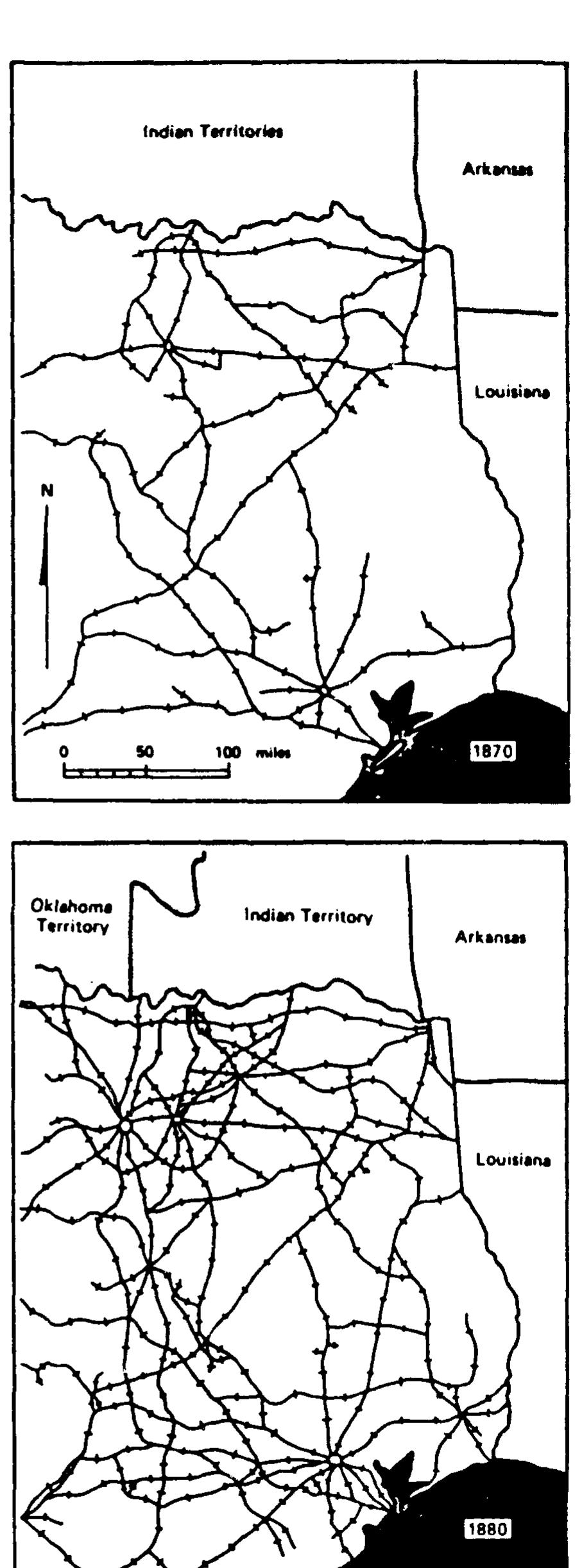 2 railroad lines in northcentral and east texas in 1870 and