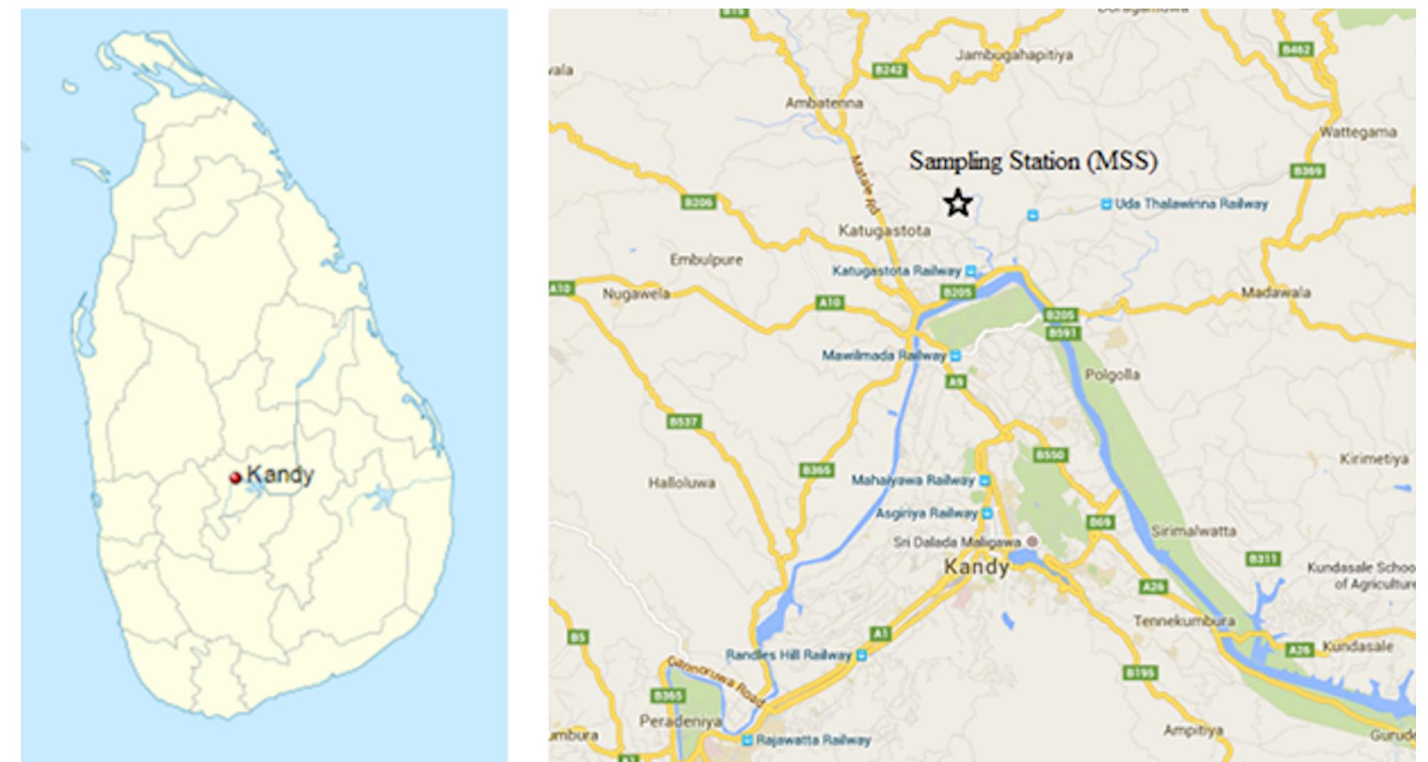 Maps of sri lanka (left) and kandy showing the sampling site