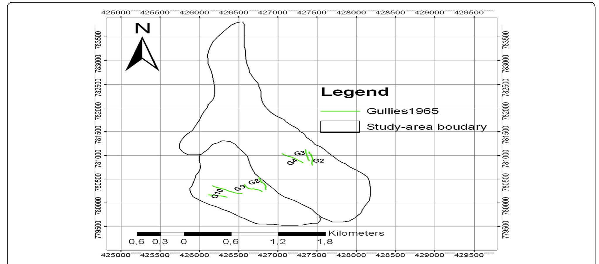 Pattern and location of gullies in 1965