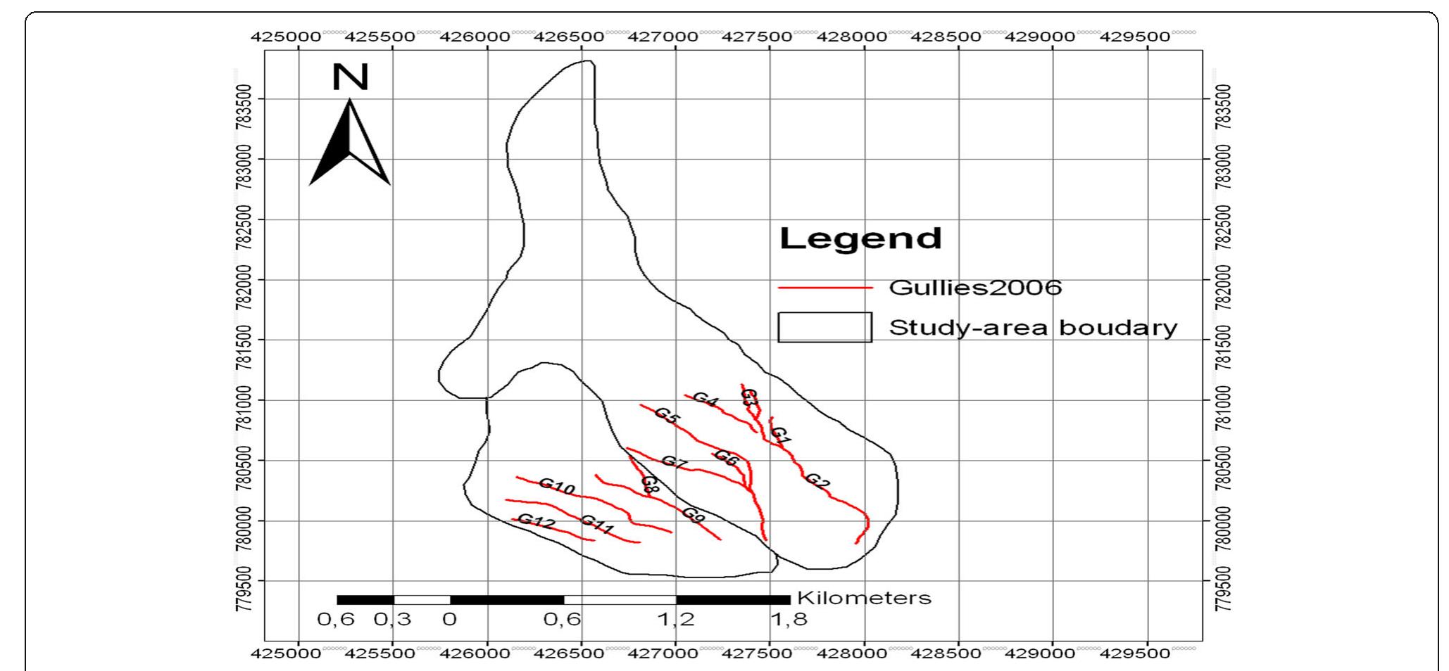 Pattern and location of gullies in 2006