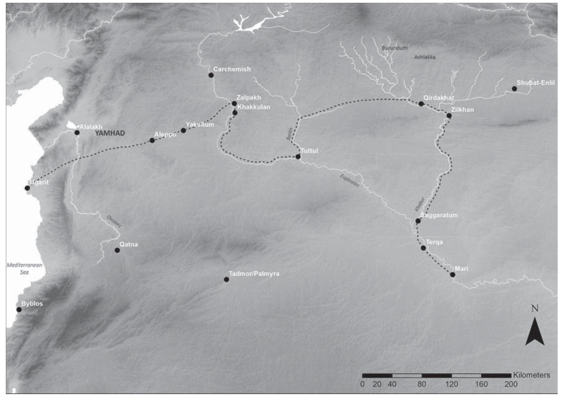 —map of zimri-lims journey from mari to ugarit (after sasson