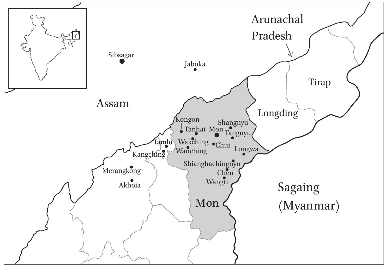 Map: area inhabited by the konyak naga. among the peoples