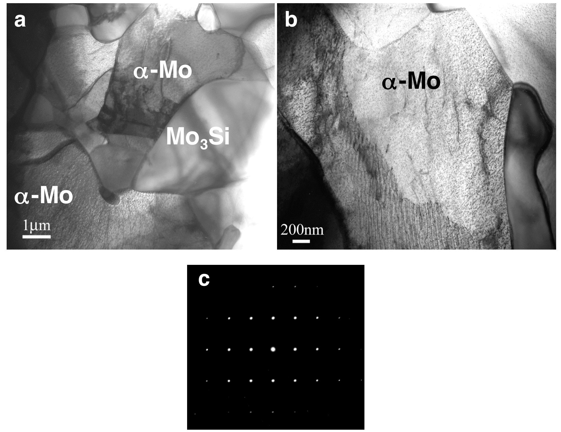 —bf tem micrographs (a,b) and [011] a-mo sad pattern (c)