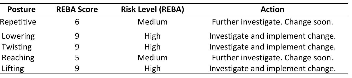 Risk levels of ergonomic injury corresponding to reba scores
