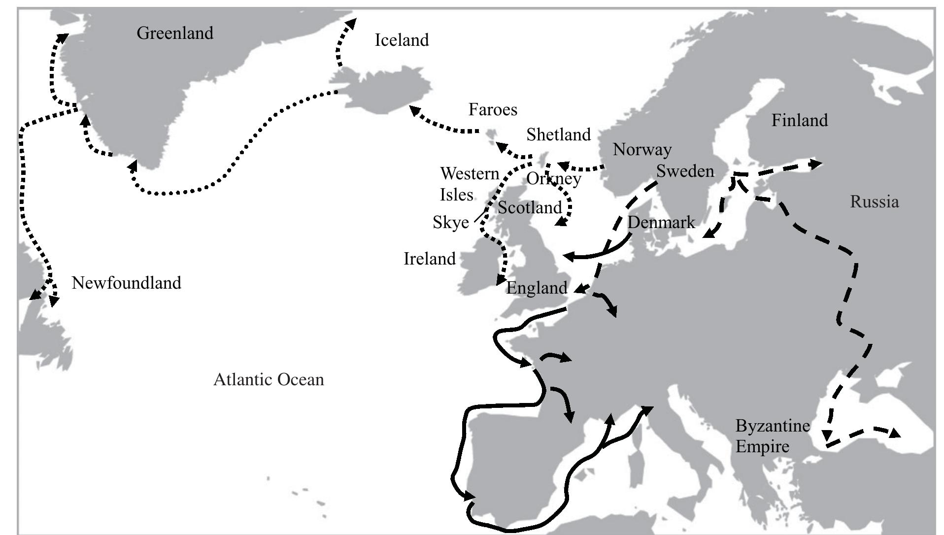 Map of northern europe showing the routes of viking
