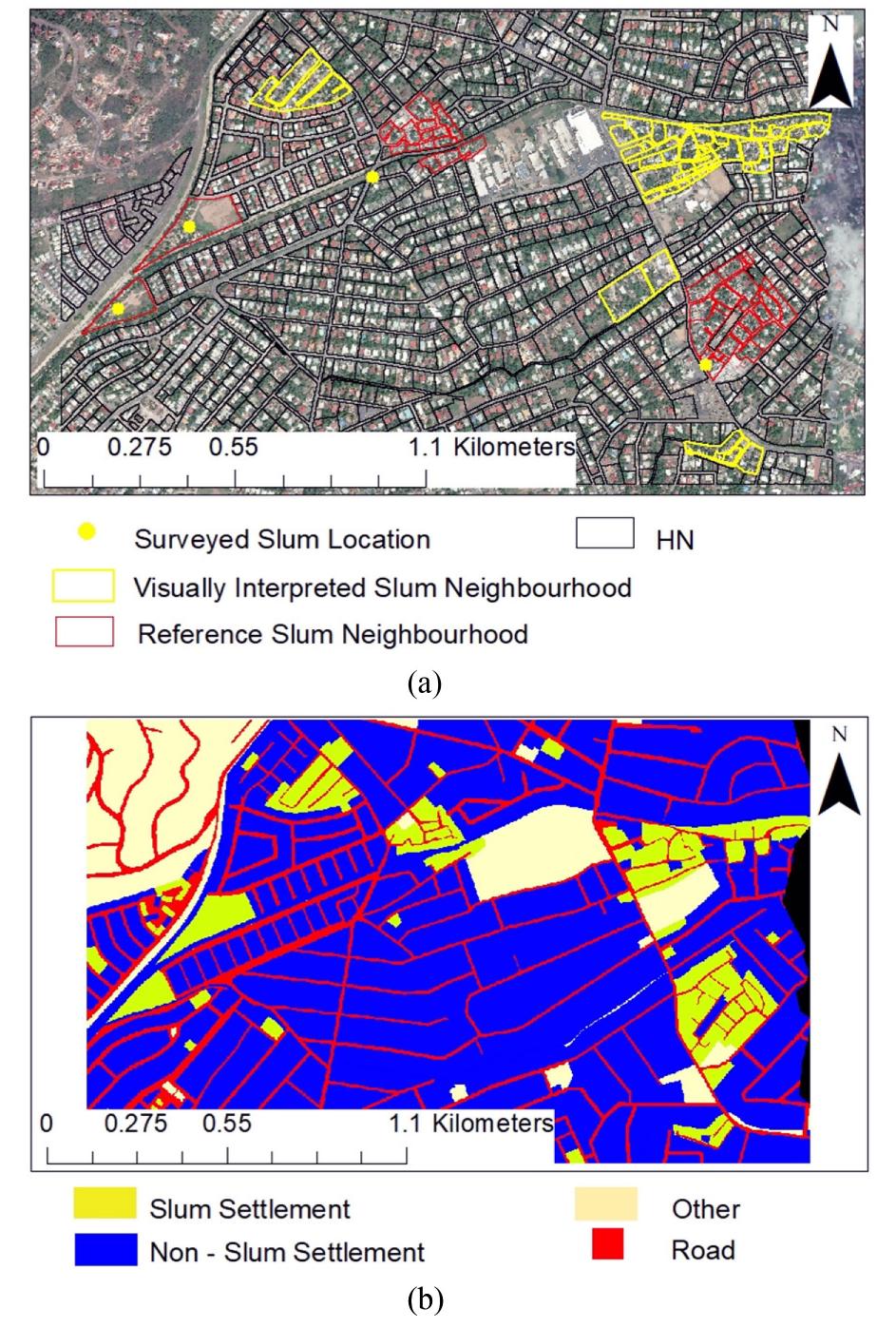 (a) map of all slum settlements at site 1. (b)