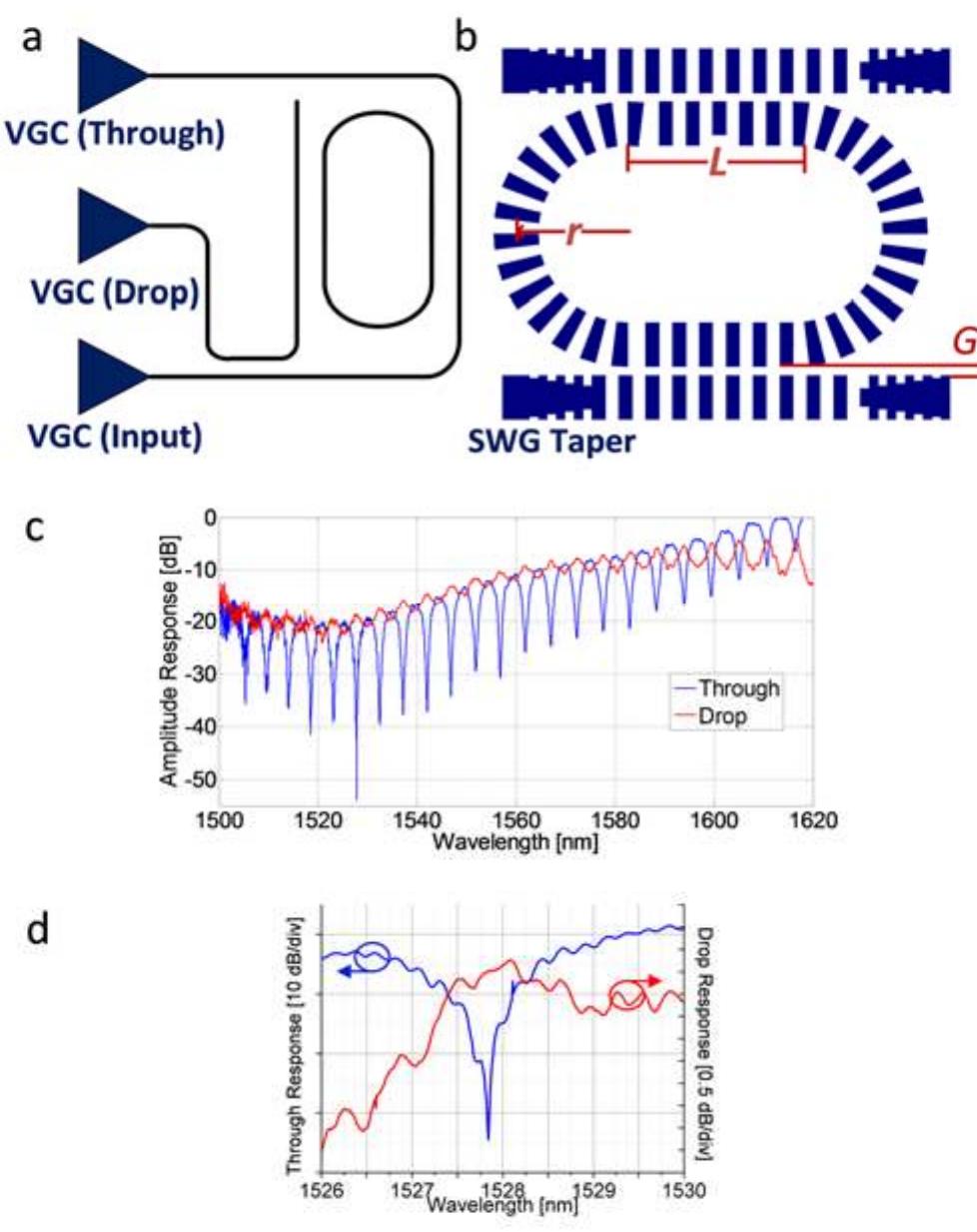 Swg racetrack resonator: (a) layout and (b) schematic. (c)
