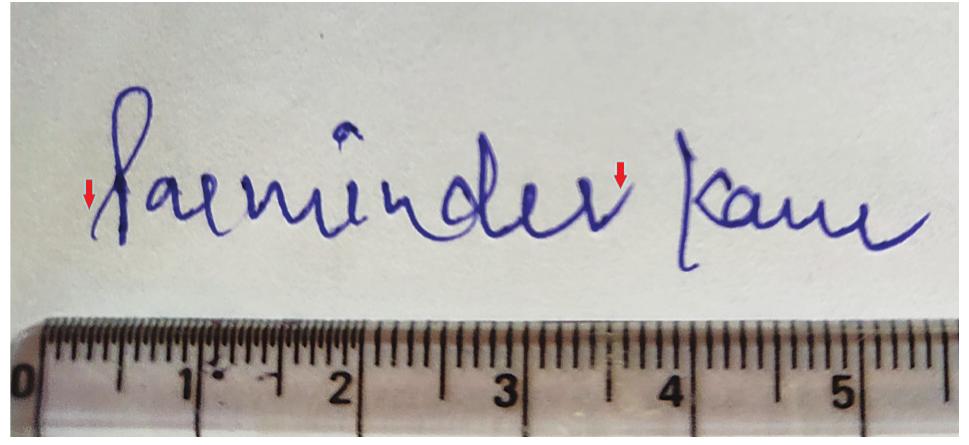 A. the tapered ending in pen-paper signature in 7