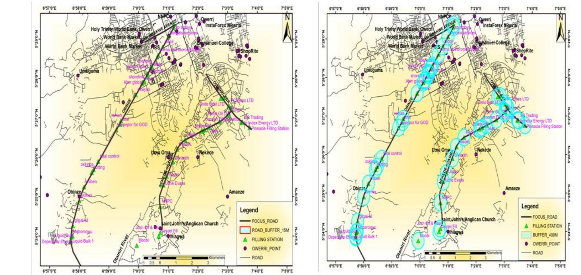 A 15 m buffer map of the petrol stations figure 3b; 400 m