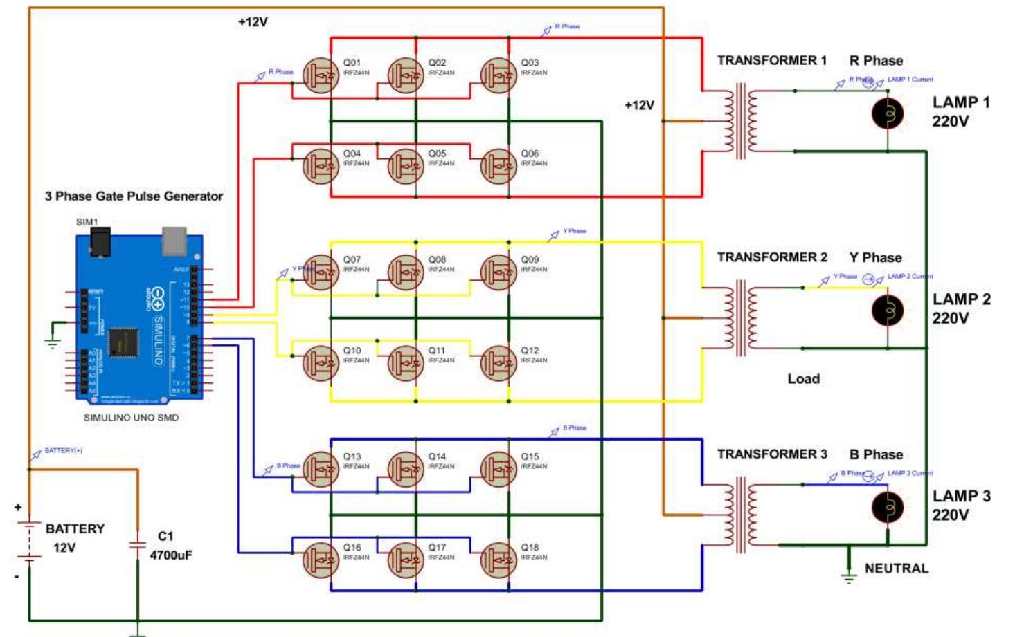 The whole schematic of the arduino-based three-phase