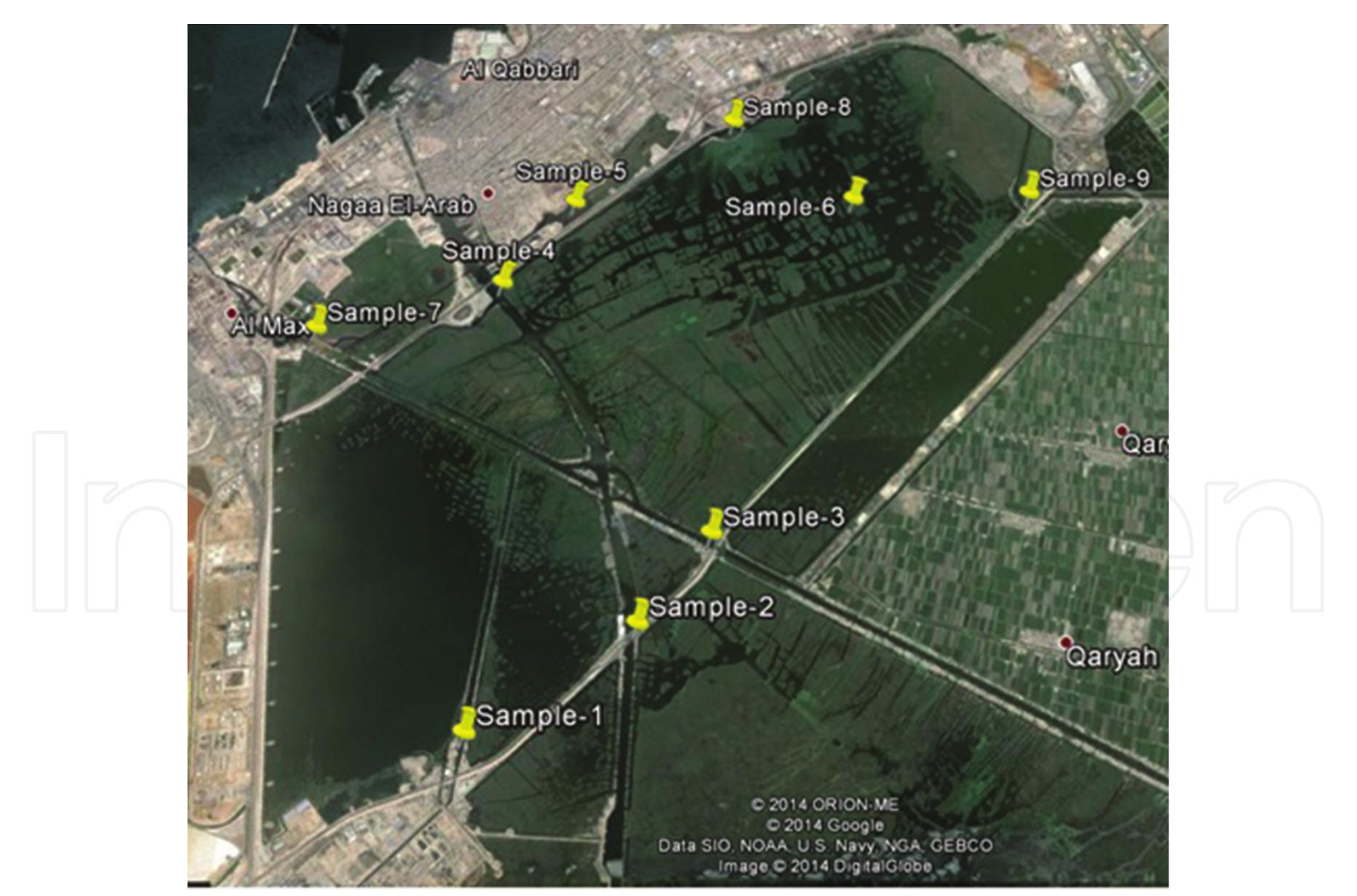 Lake mariout satellite image and sample location.