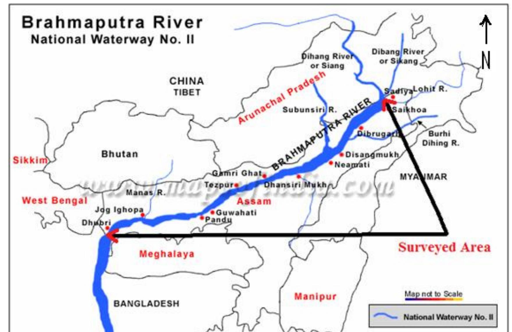 Map showing the section of the brahmaputra river where