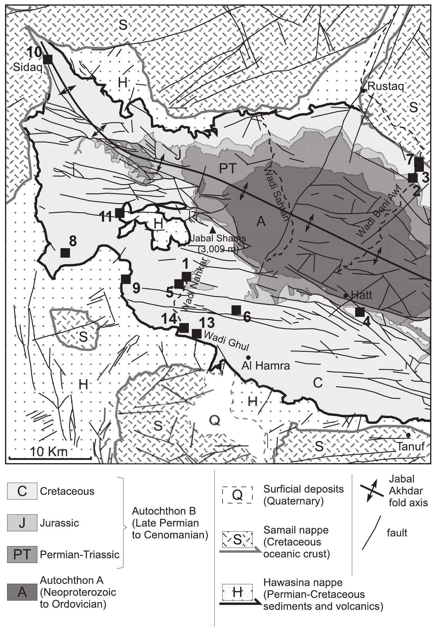 Simplified map of the western part of the jabal akhdar dome.