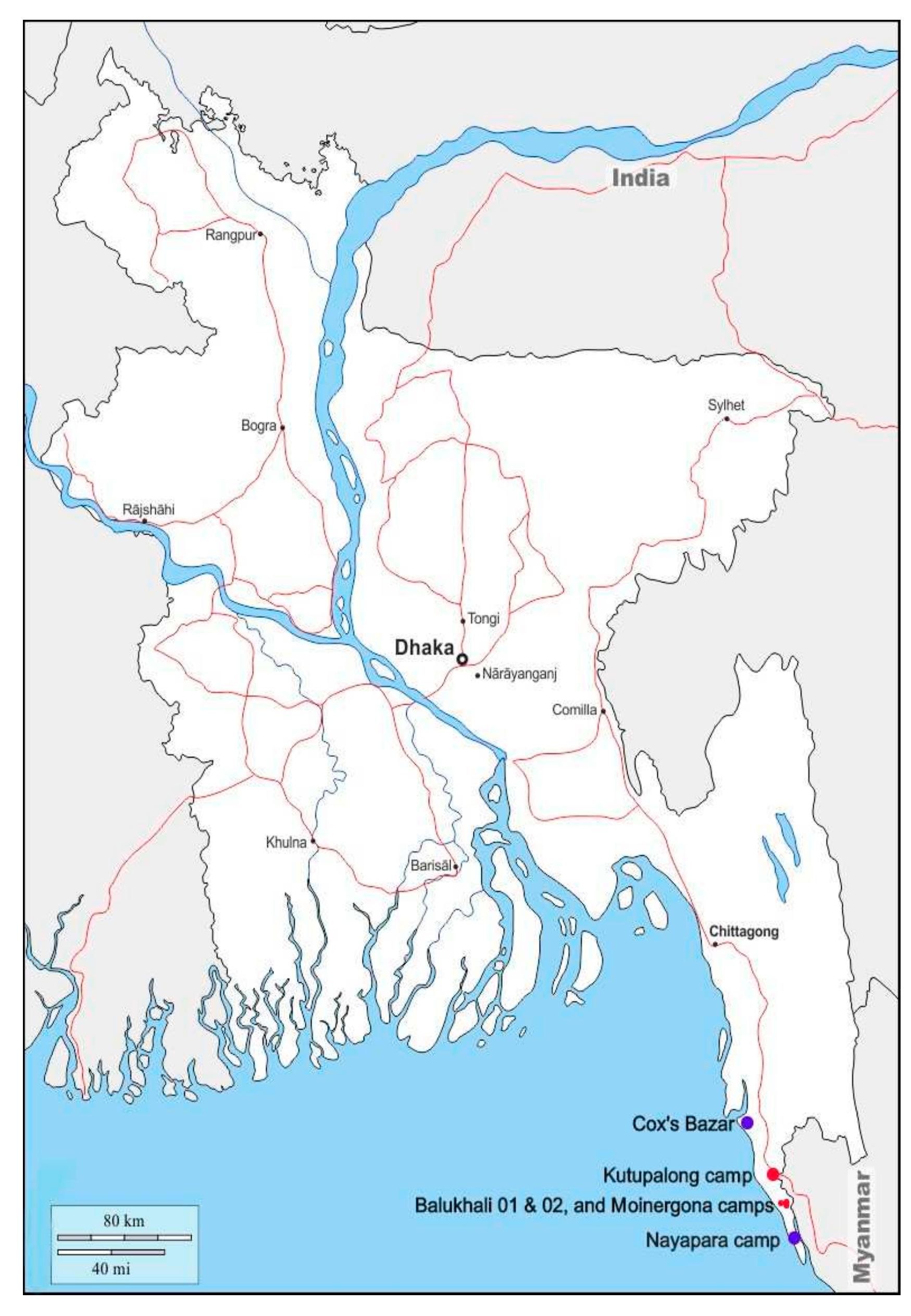Map of bangladesh showing cox’s bazar and study camps in red