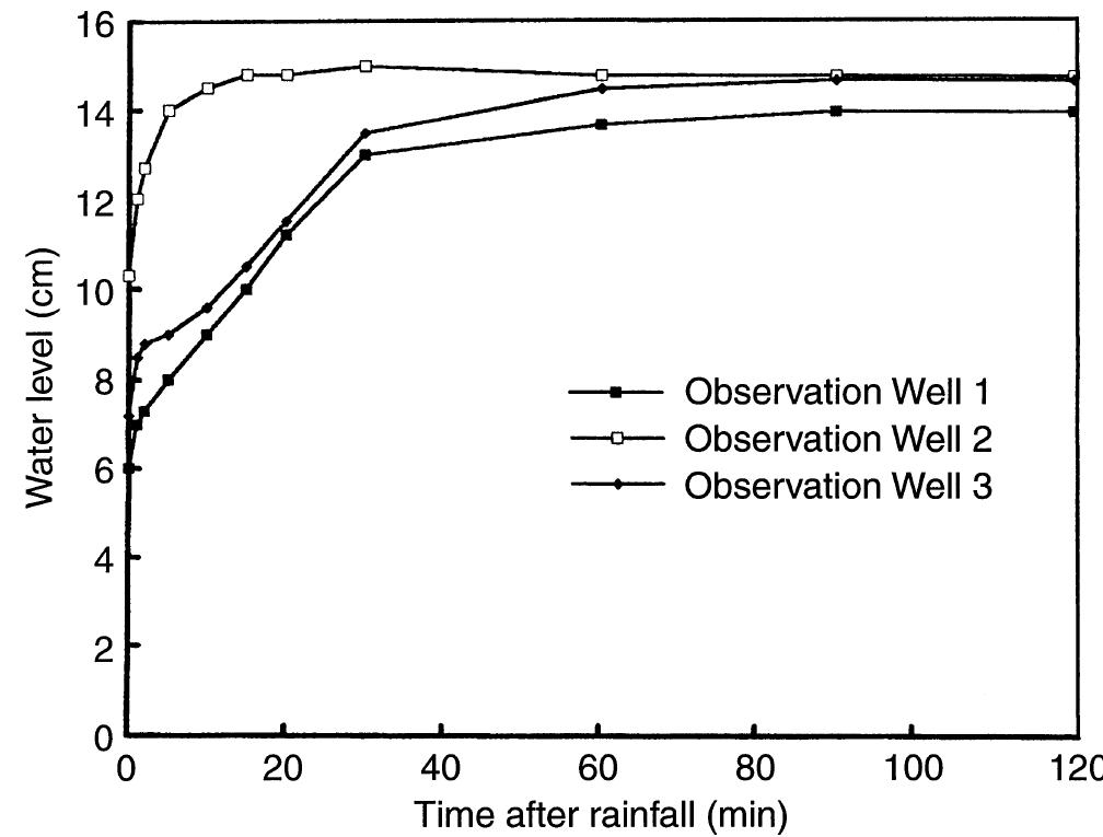 Water-level hydrographs for observation wells 1, 2, and 3 in