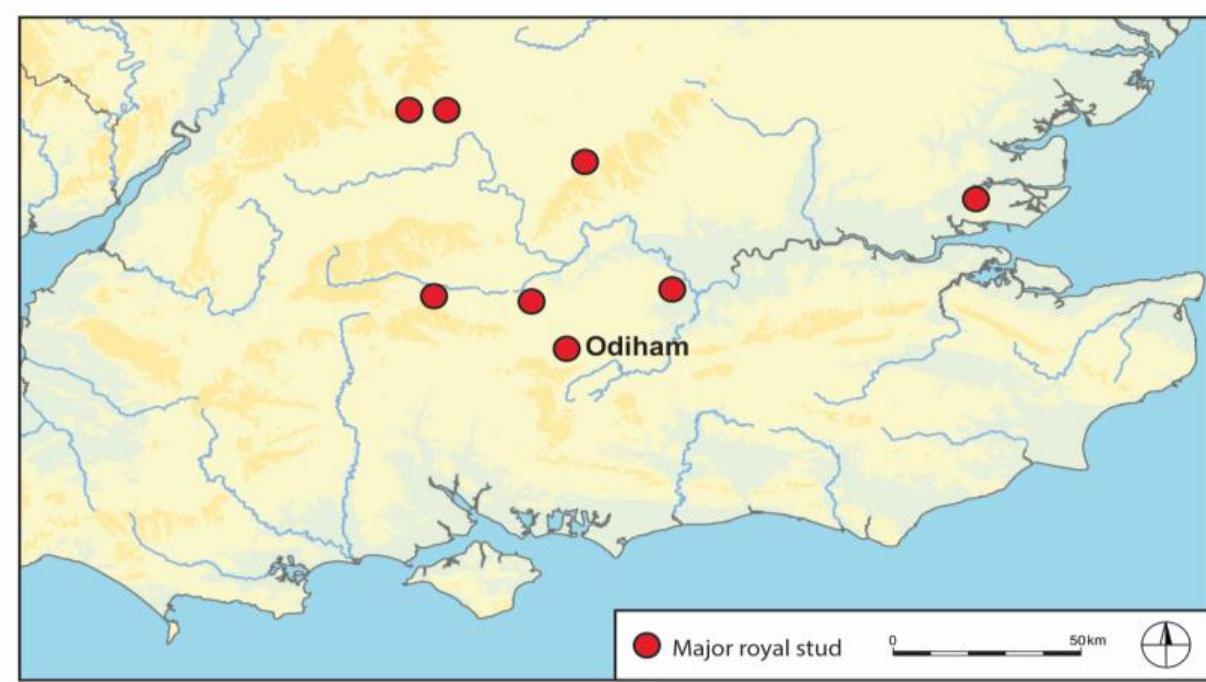Distribution map showing major fourteenth-century royal stud
