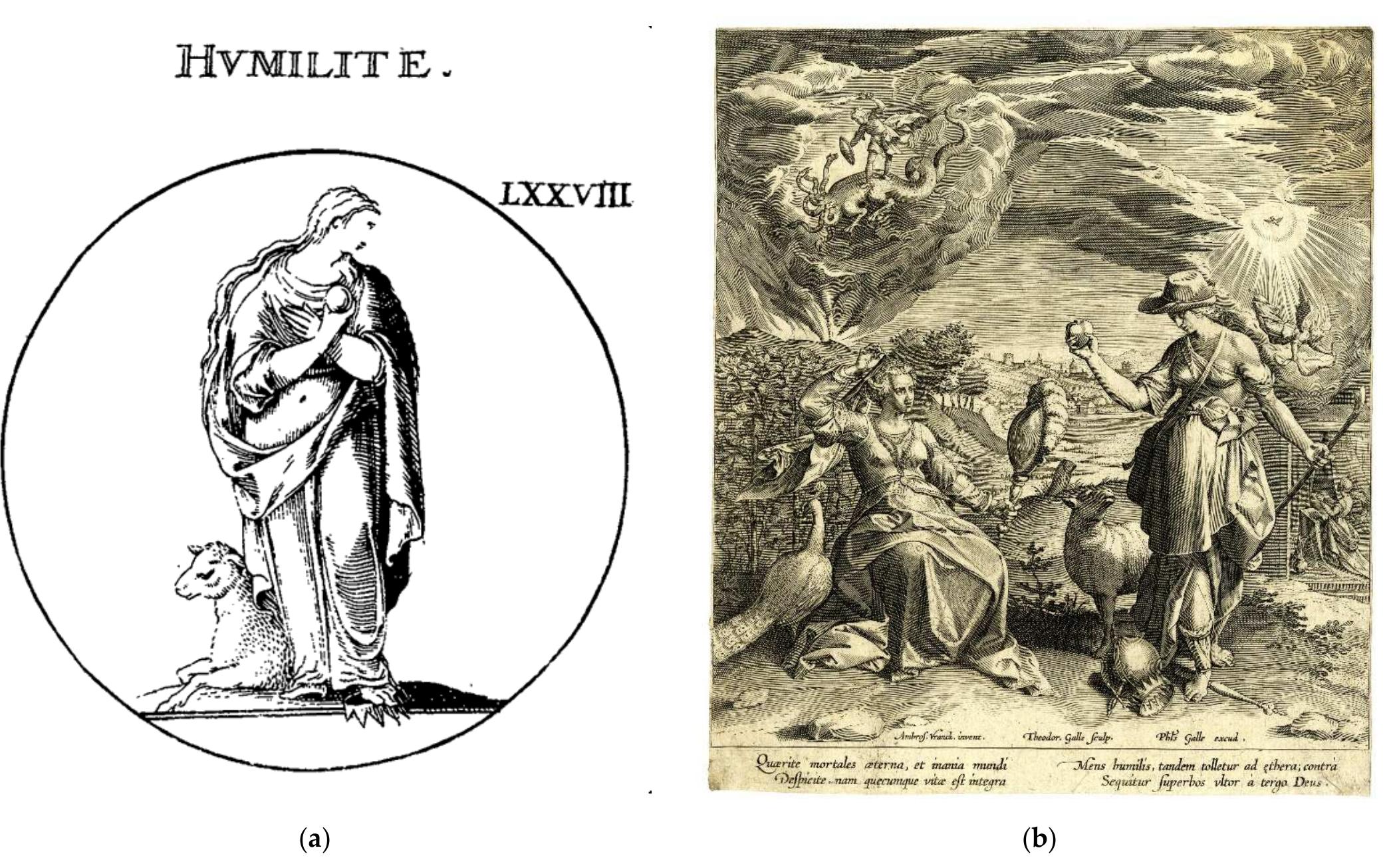 (a) humility, iconologia, 1643, cesare ripa, paris; (b)
