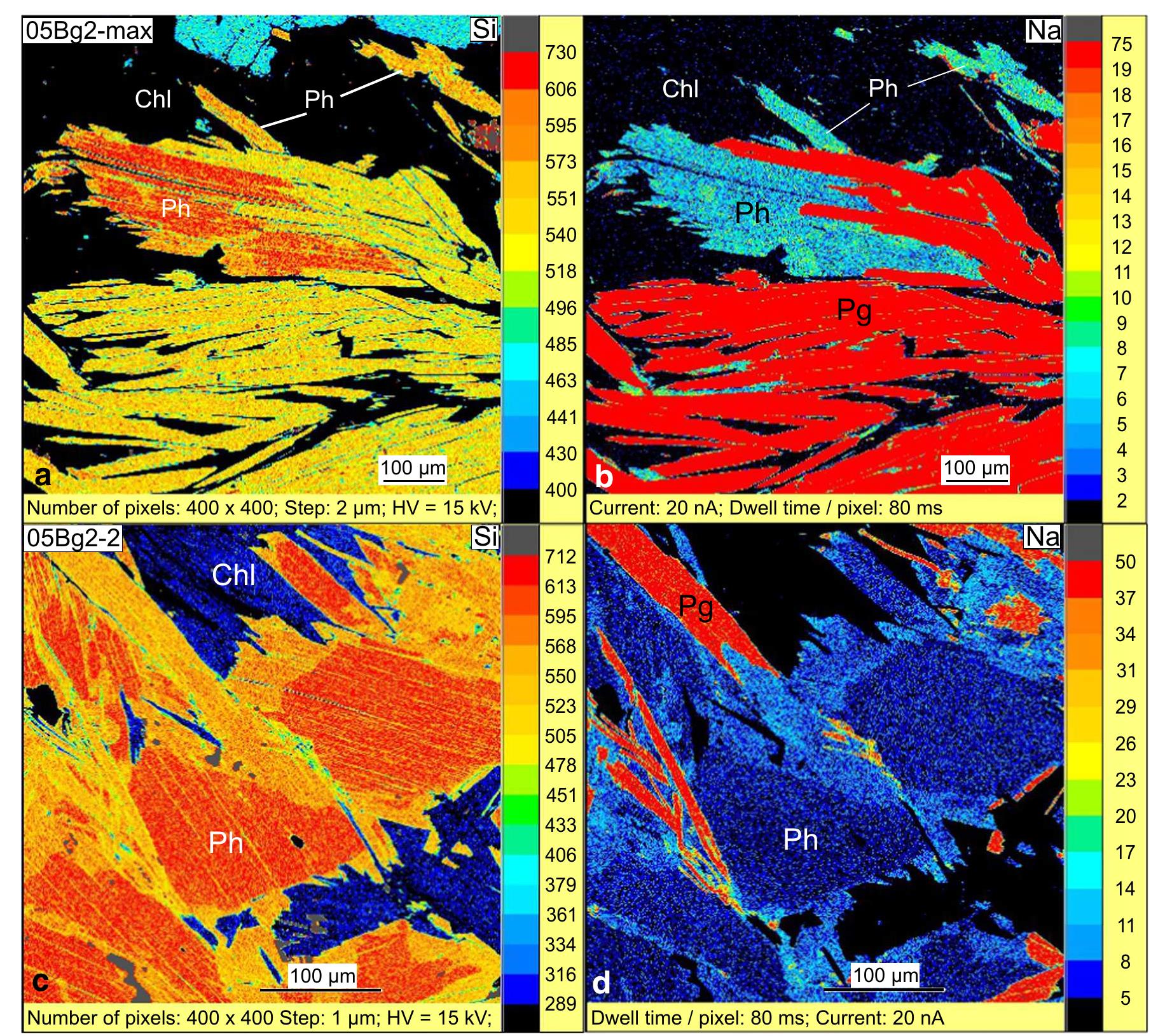 Si and na maps of phengite clusters (sample bg2) displaying