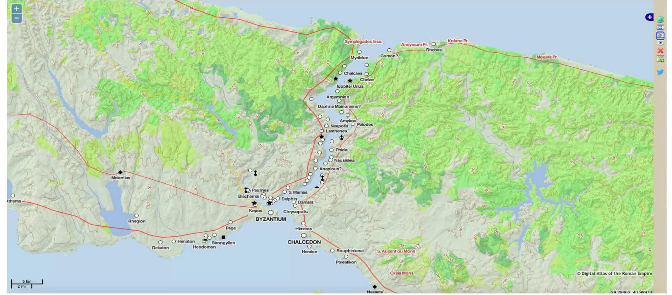 Map of the bosphorus strait with byzantion. from the digital