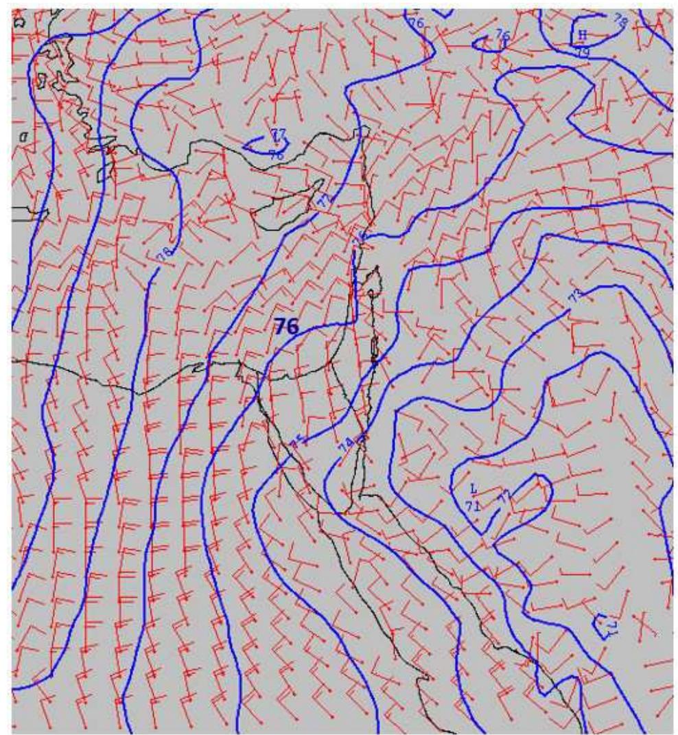 The 925 mb map from 7 september 2015 at 12:00 utc of 76 dm