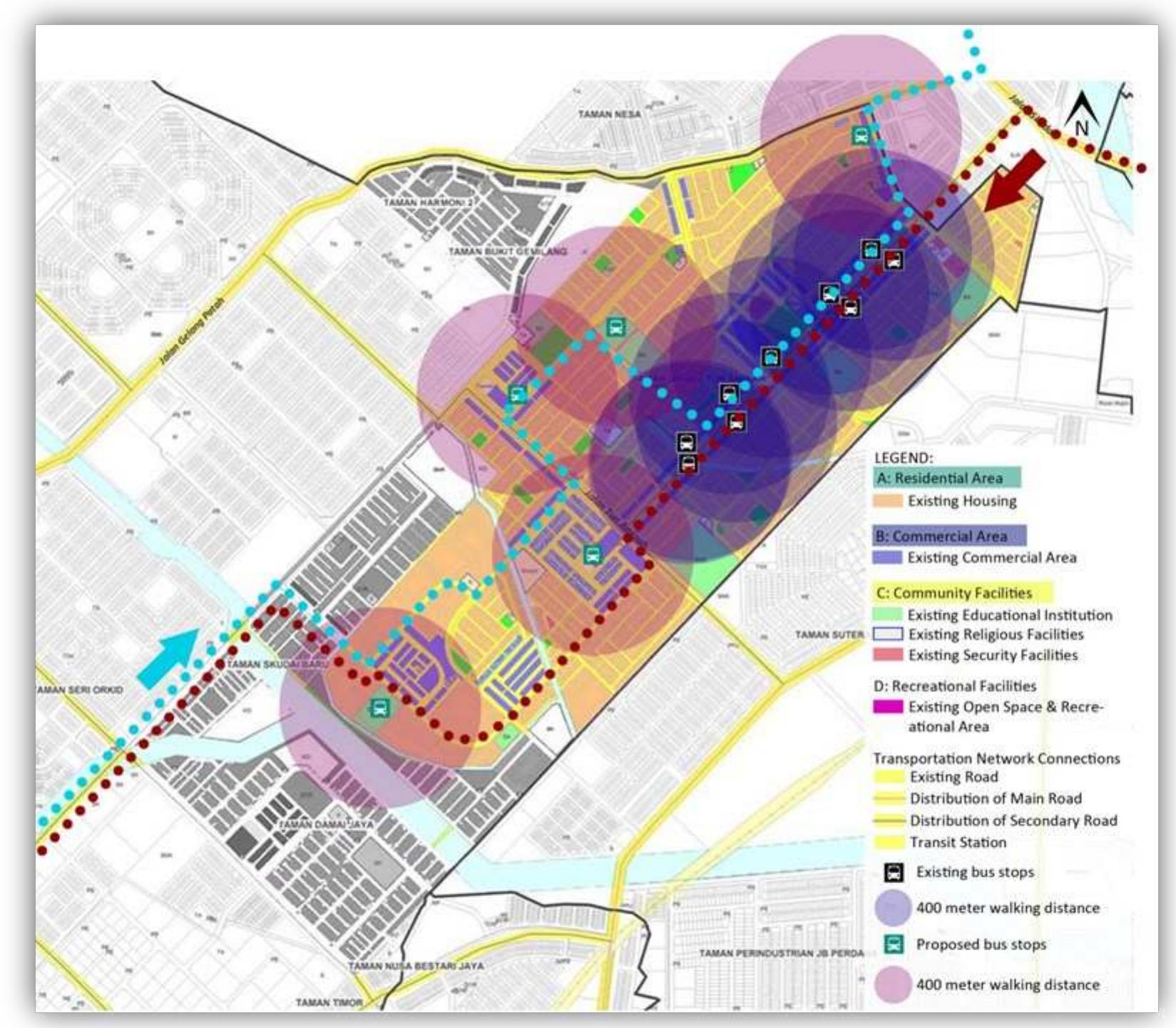 Proposed new bus routes and bus stops inside the study are.