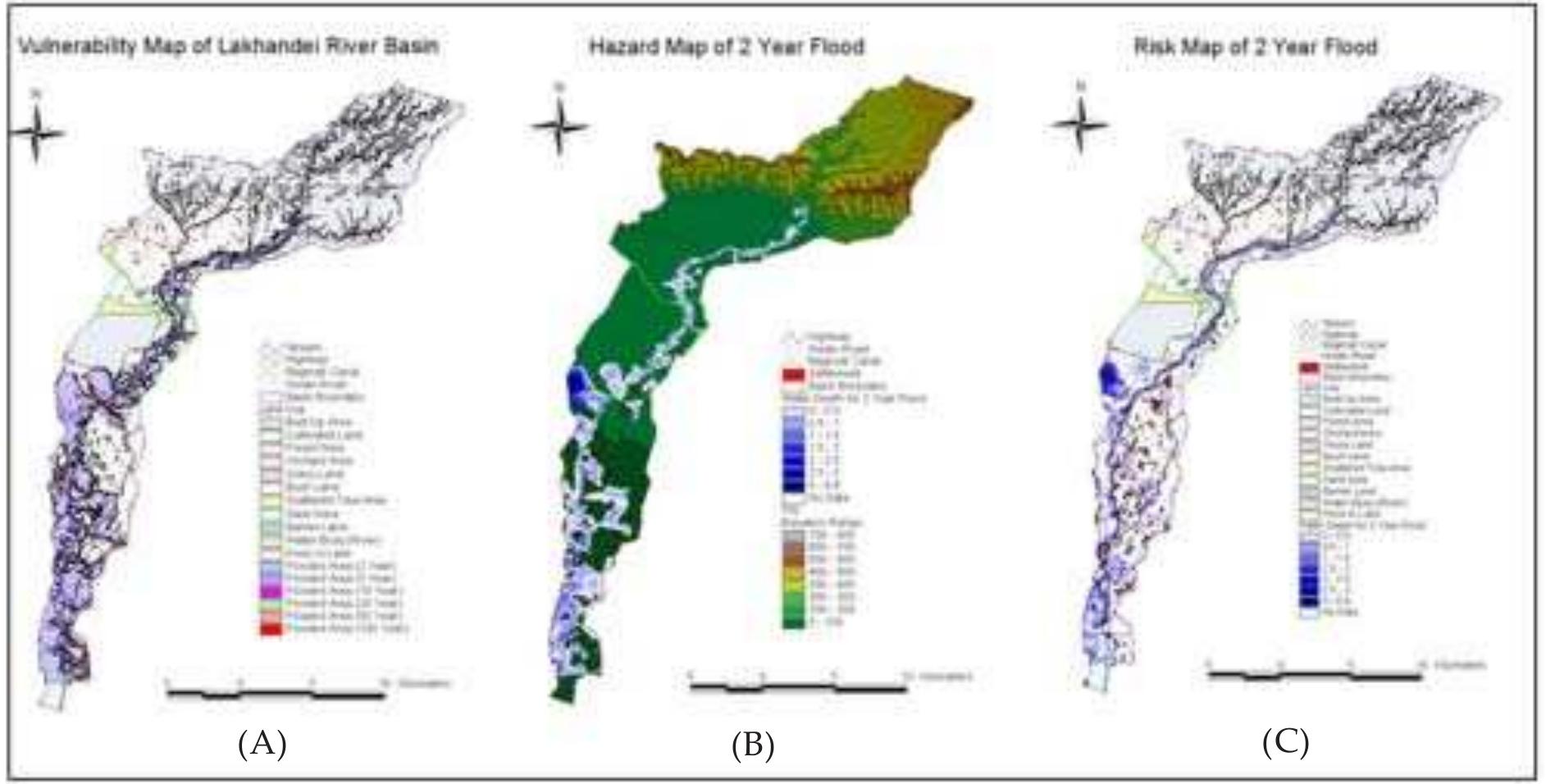(a) flood vulnerability map, (b) flood hazard map for