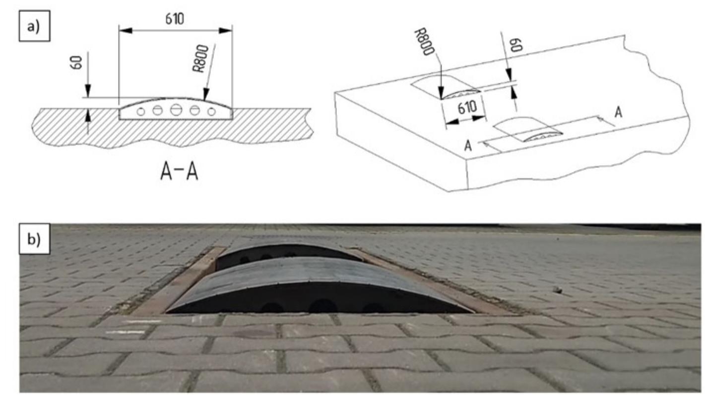 Speed bump used to test: a) dimensions, b) view of the speed