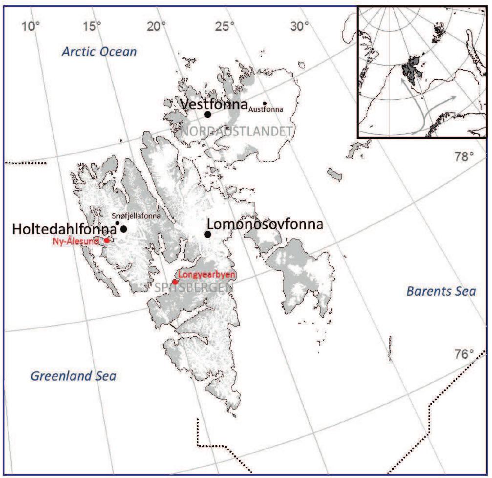 Map of svalbard showing the drilling sites on holtedahlfonna