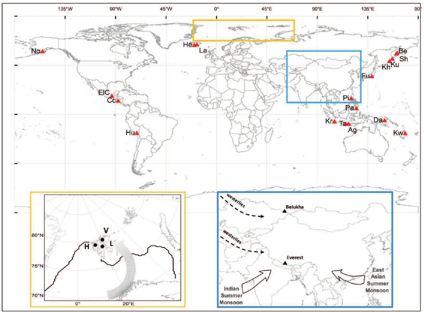 Map of ice core locations. boxed insets show the belukha,