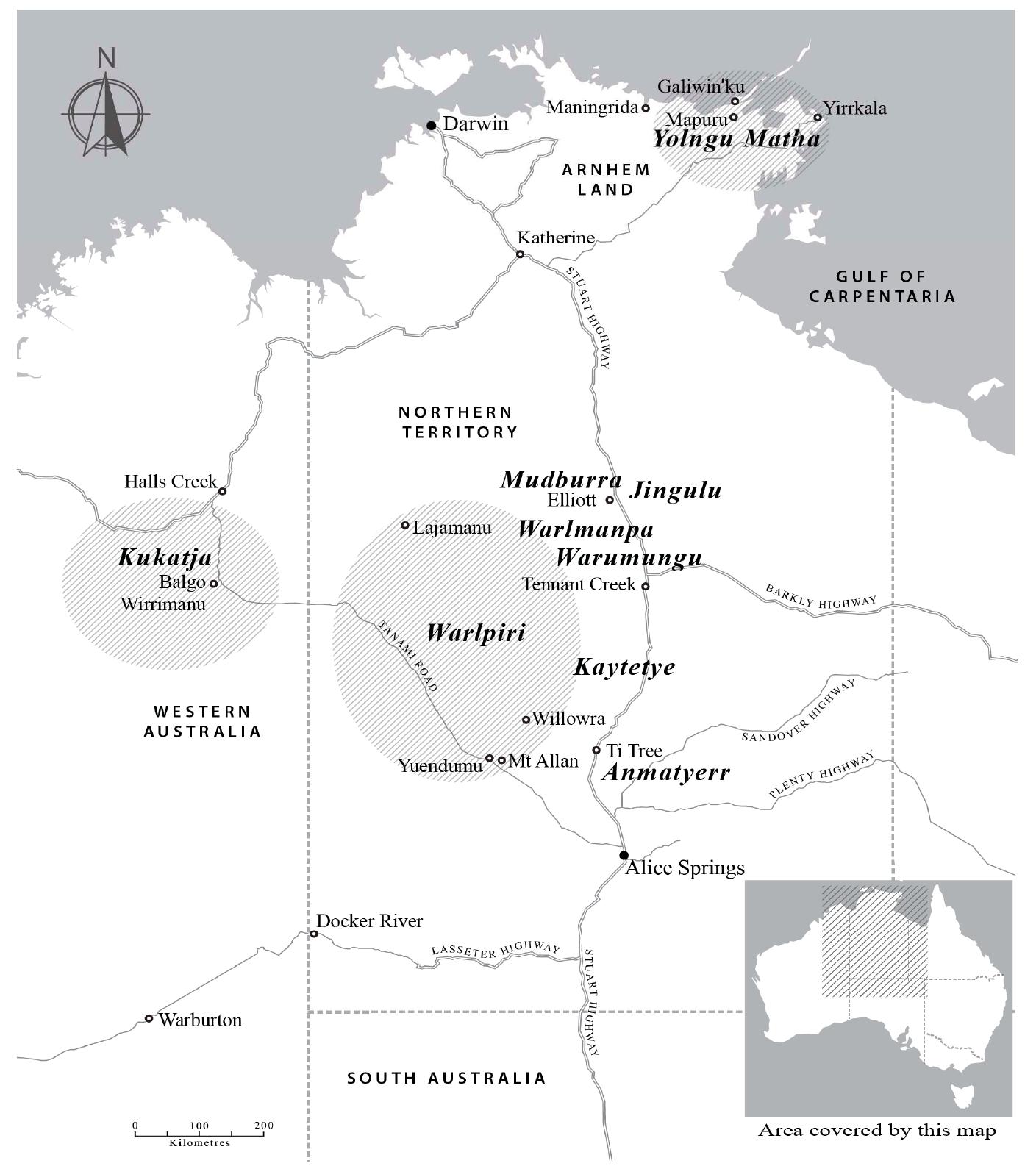 Map of research locations (map: jennifer green).” warlpiri