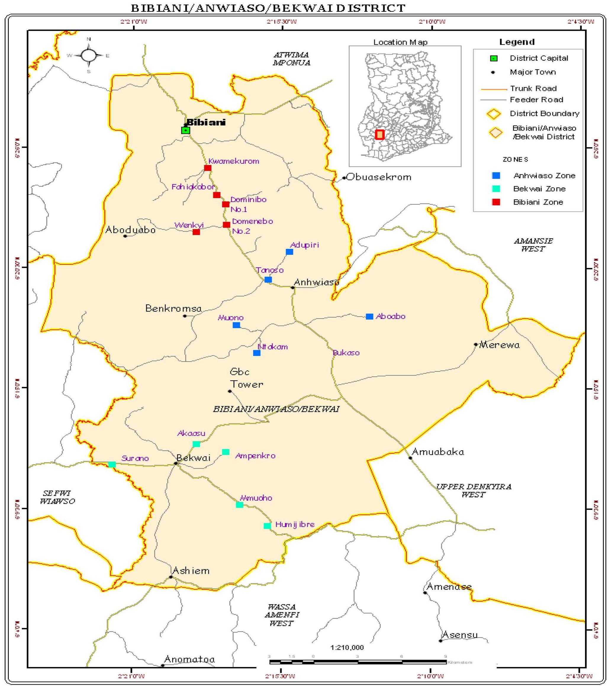 Area map of bibiani-ahwiaso-bekwa district and as situated