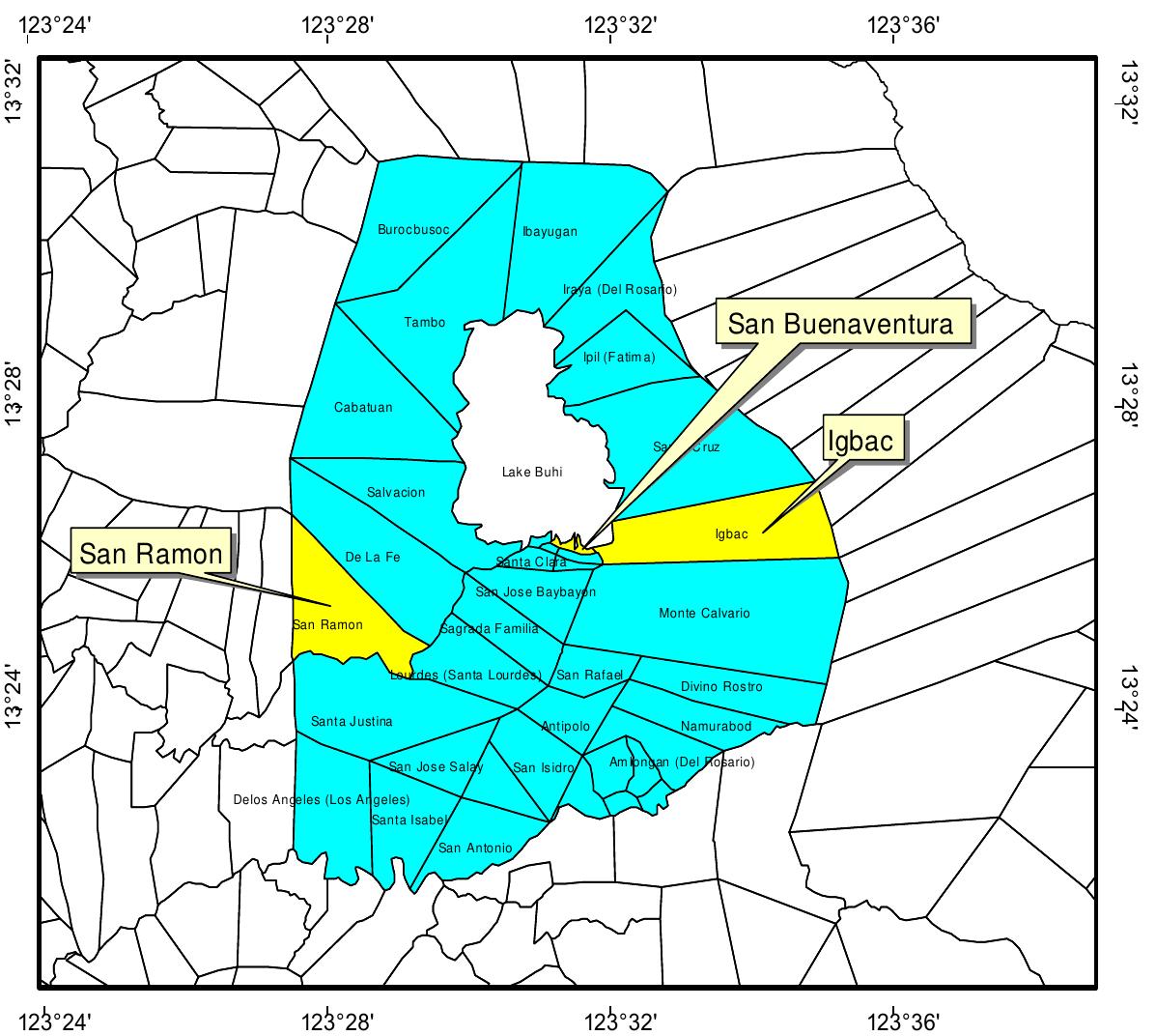 Map of buhi, camarines sur showing the three pilot