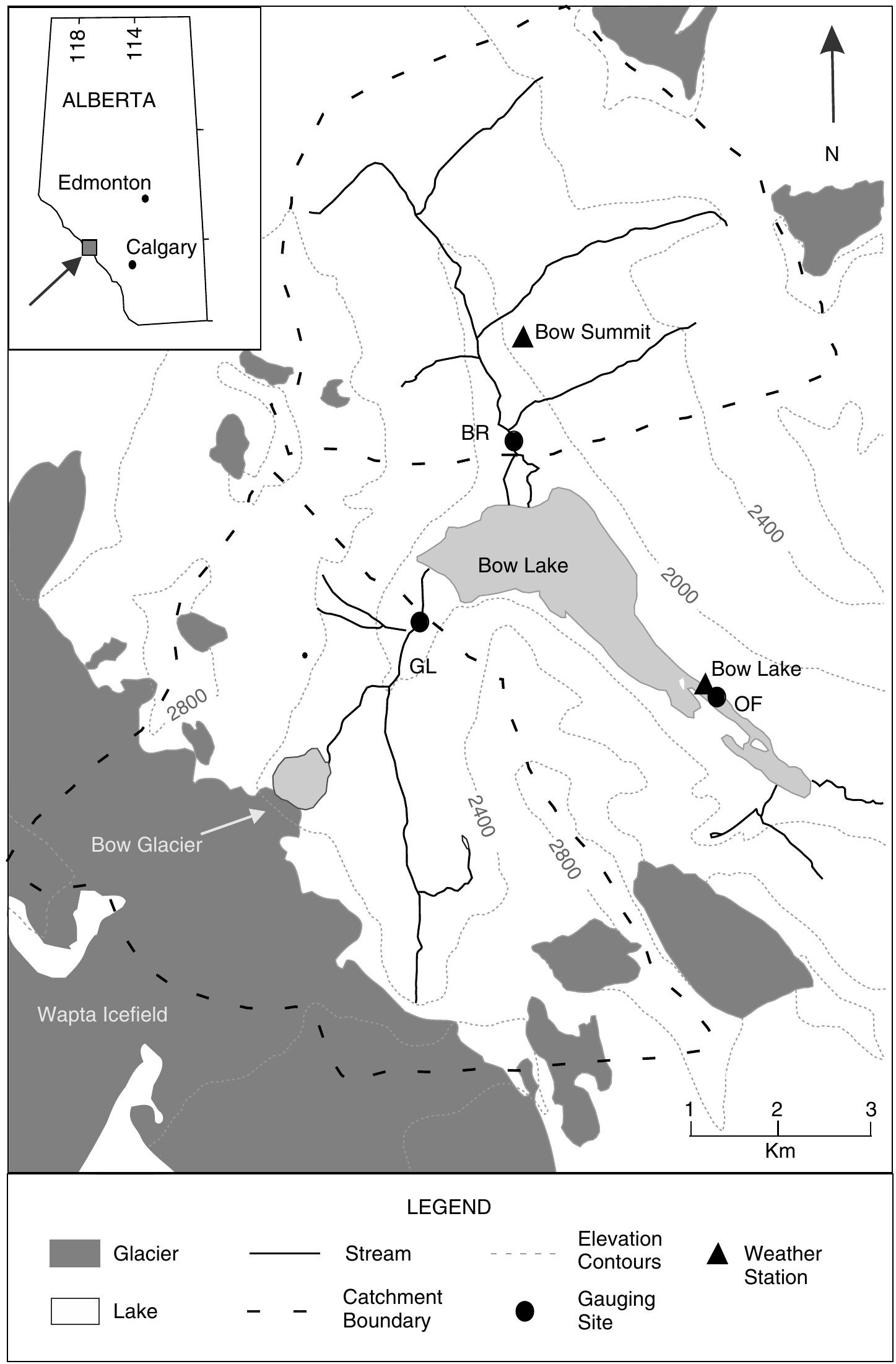 Map of bow lake. gl and br mark the gauging stations for the