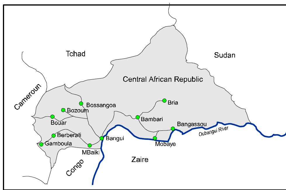 Map of the central african republic with location of