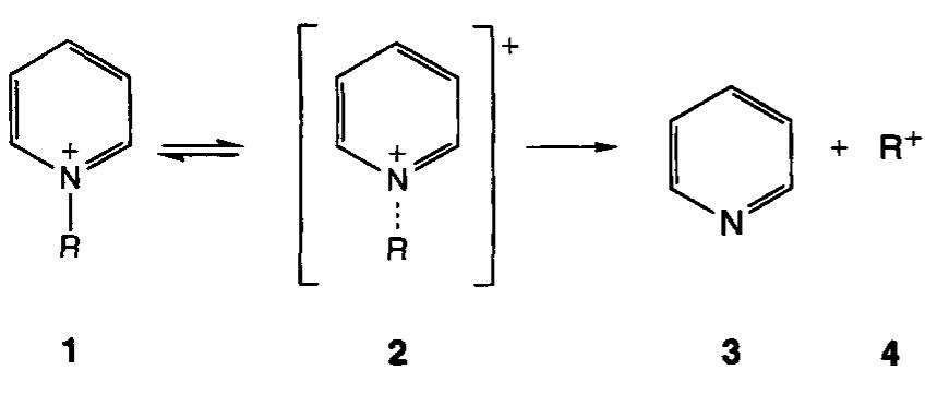 Fragmentation to pyridine and a carbocation two distinct