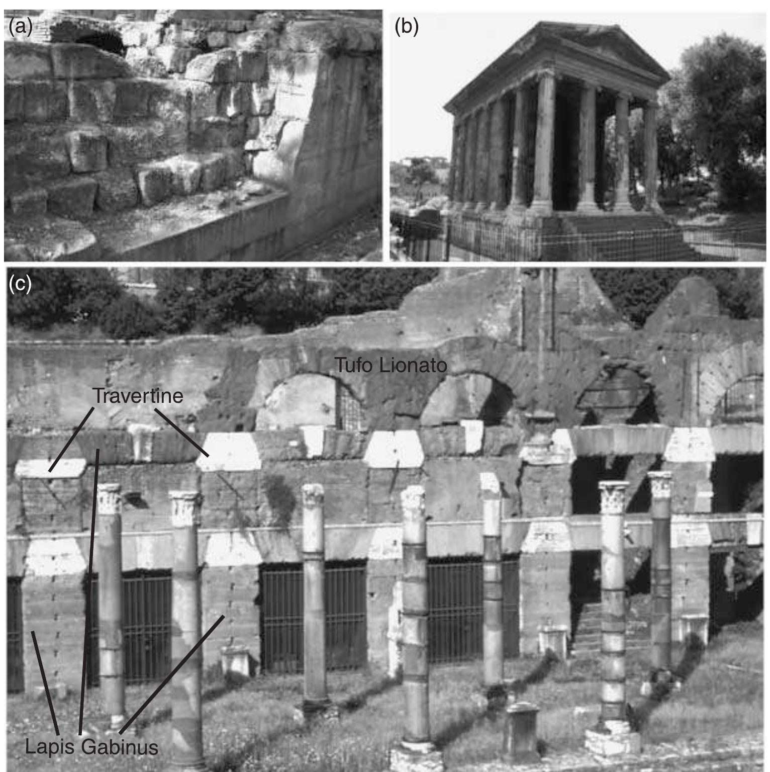 Photographs of tuff and travertine building stone in some