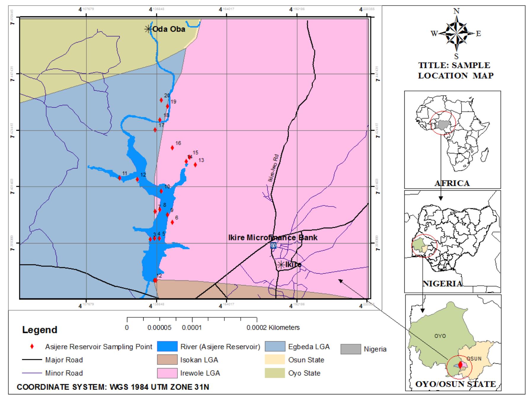 Map of osun river basin showing asejire reservoir, catchment