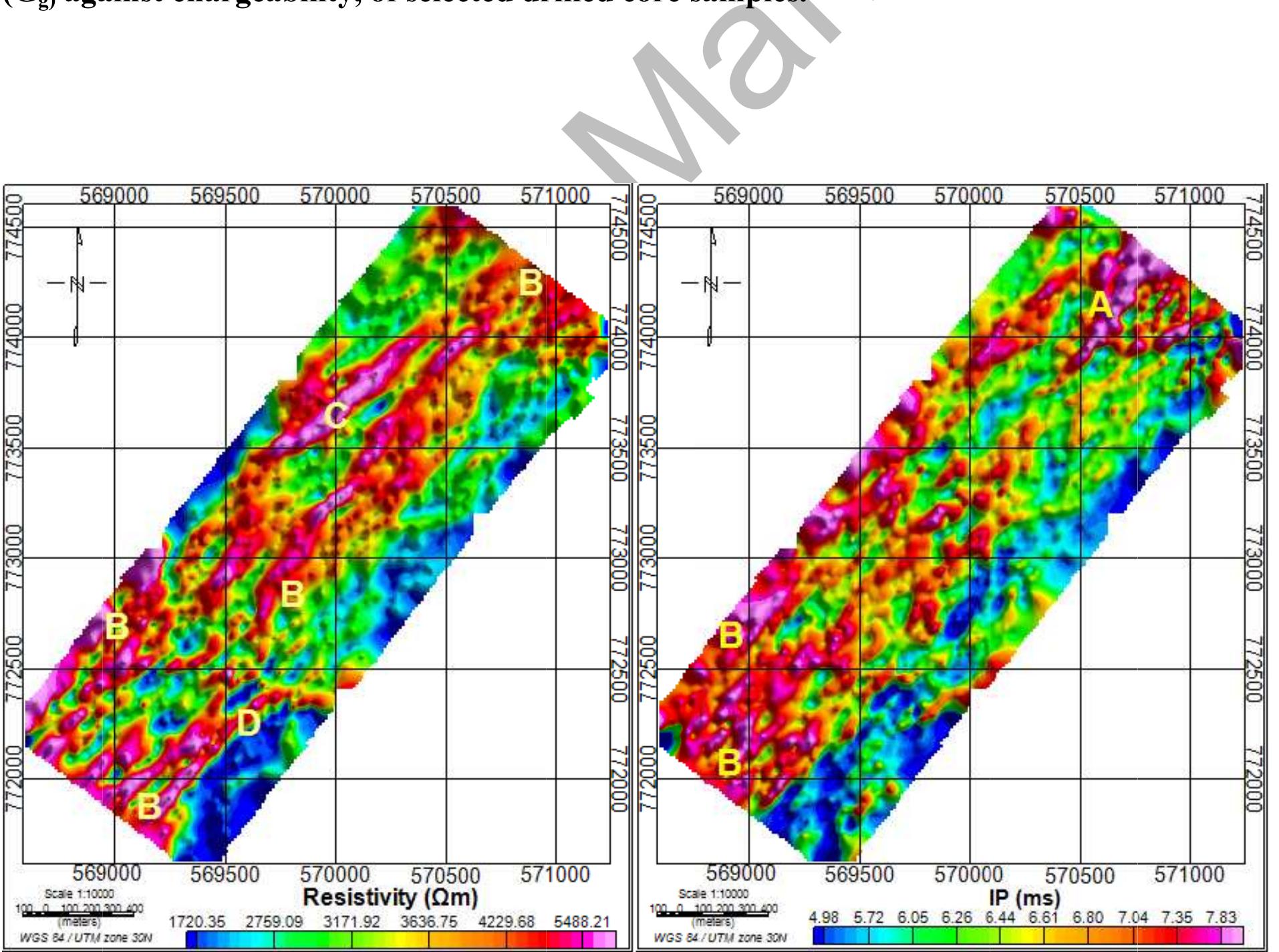 Resistivity and chargeability map showing the location of