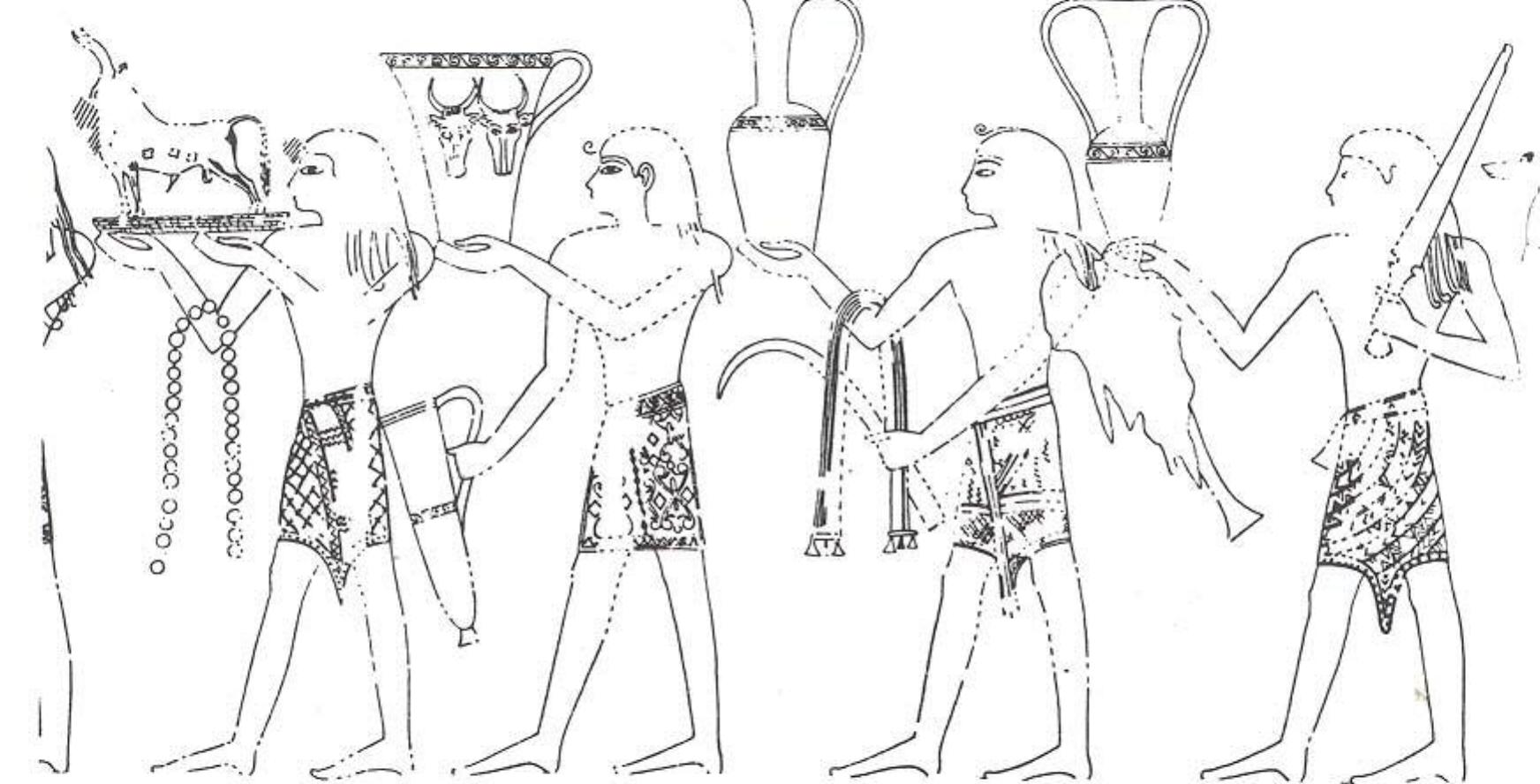 Line drawing from wall painting of keftiu emissaries in the