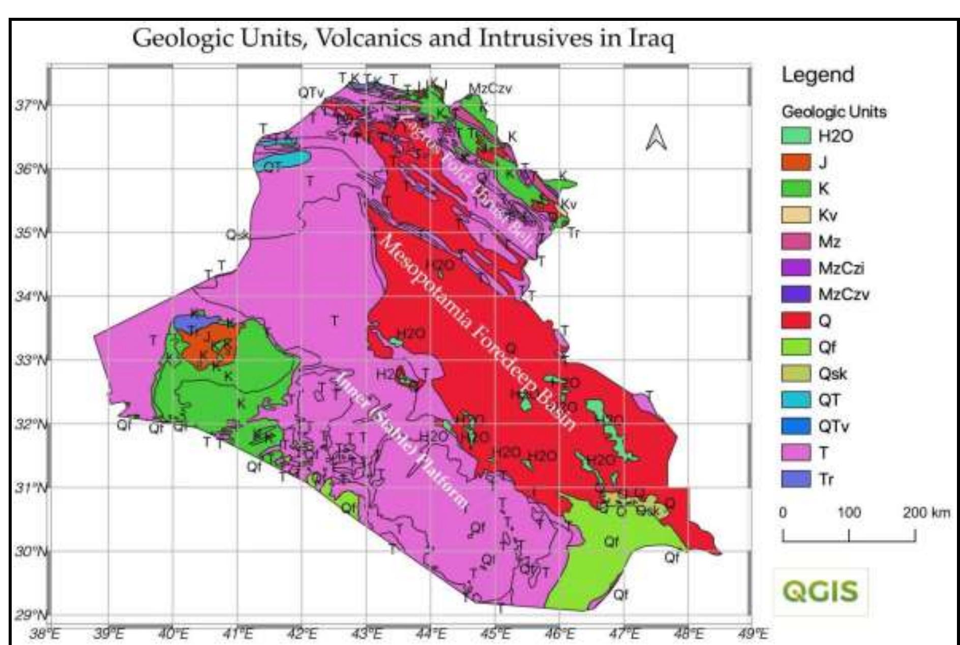 Geologic provinces map of iraq. mapping: qgis