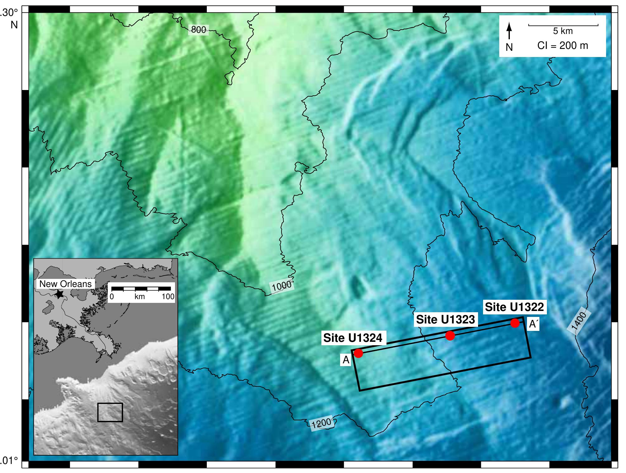 Fl. bathymetry map of the ursa basin with locations of site