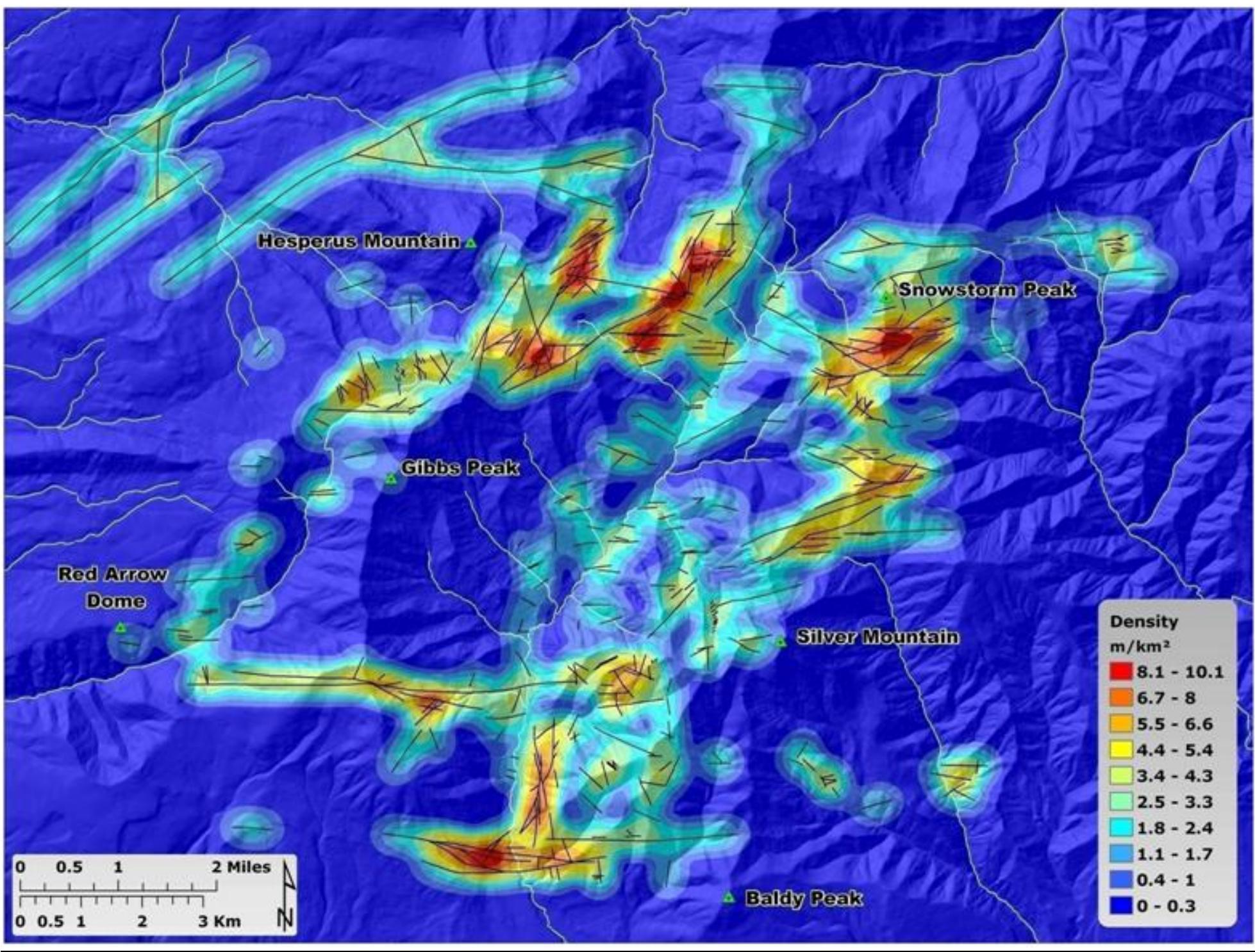 Vein and fault density map overlaid with veins and faults.