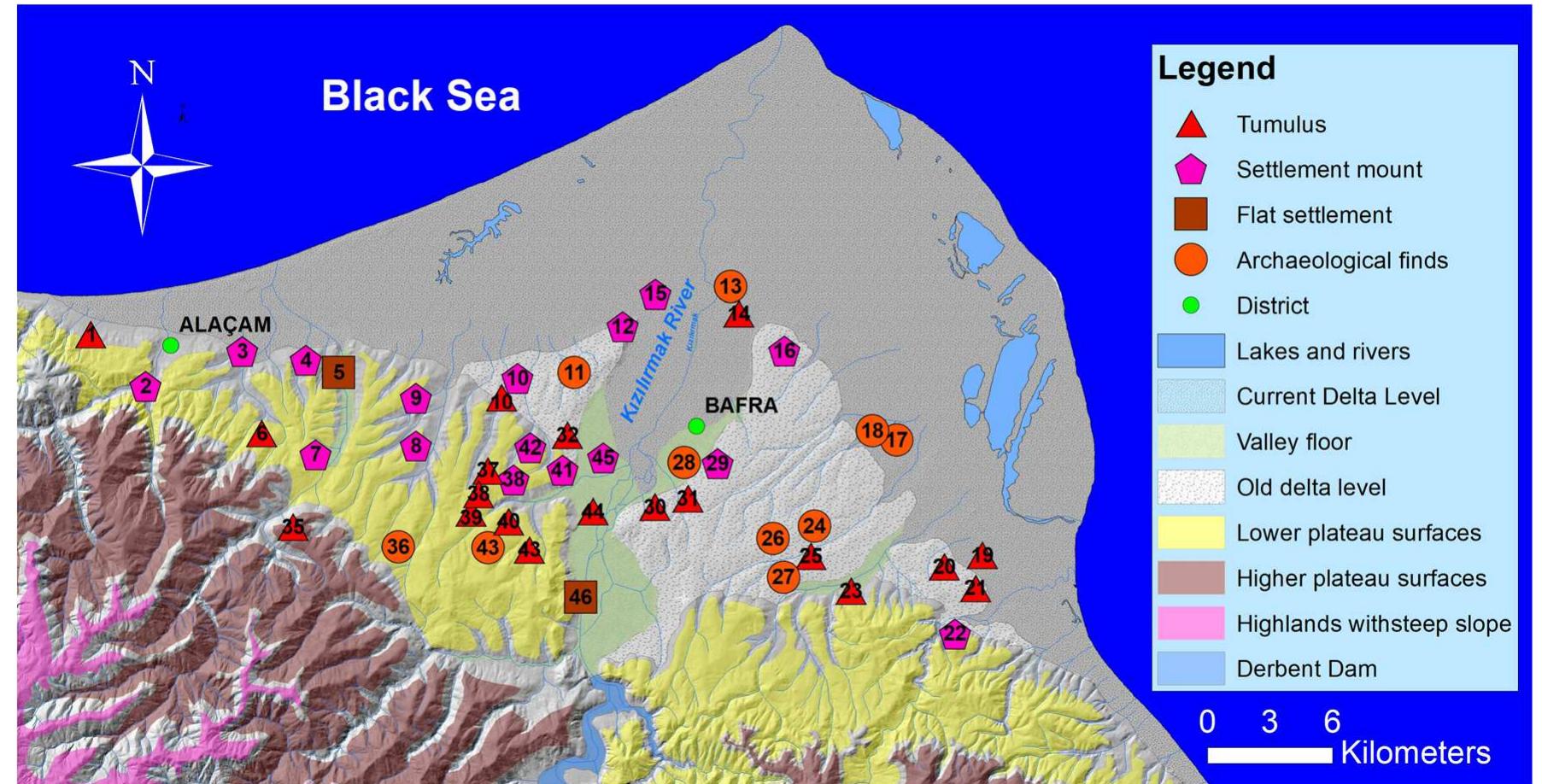 Main landforms and location of bronze and iron age