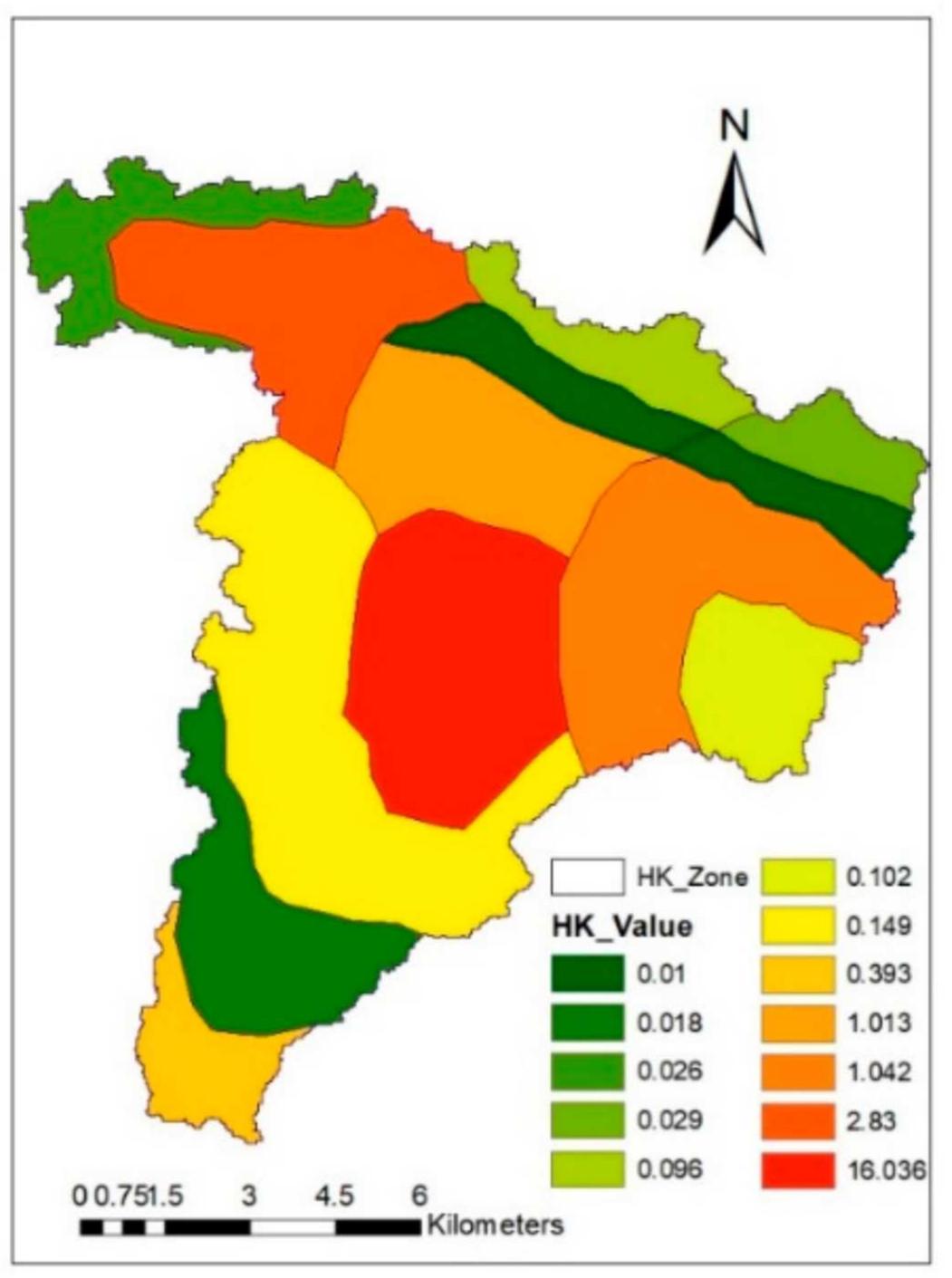 Hydraulic conductivity zones and its values obtained through