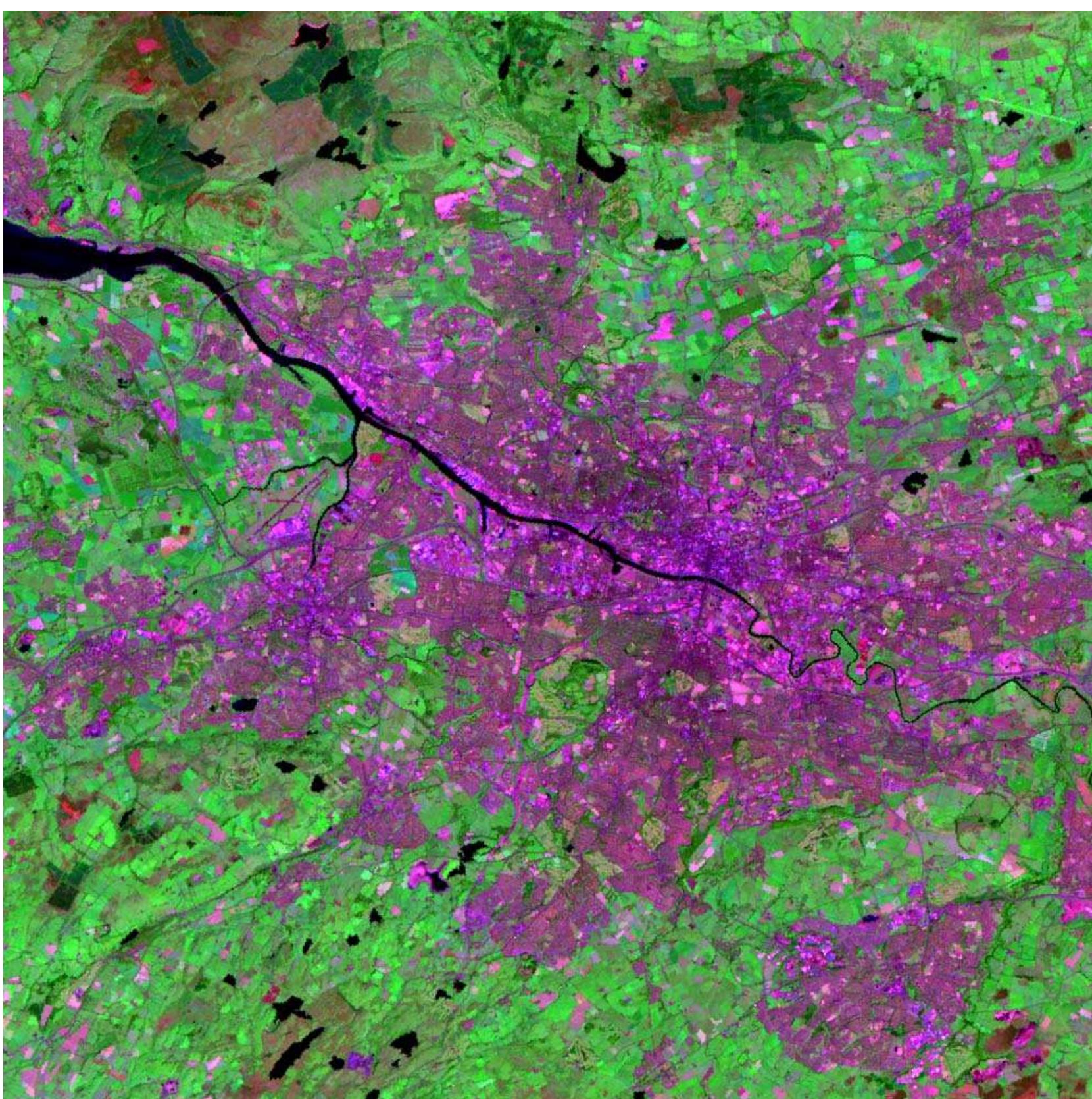 False-color satellite image of glasgow, the purple areas