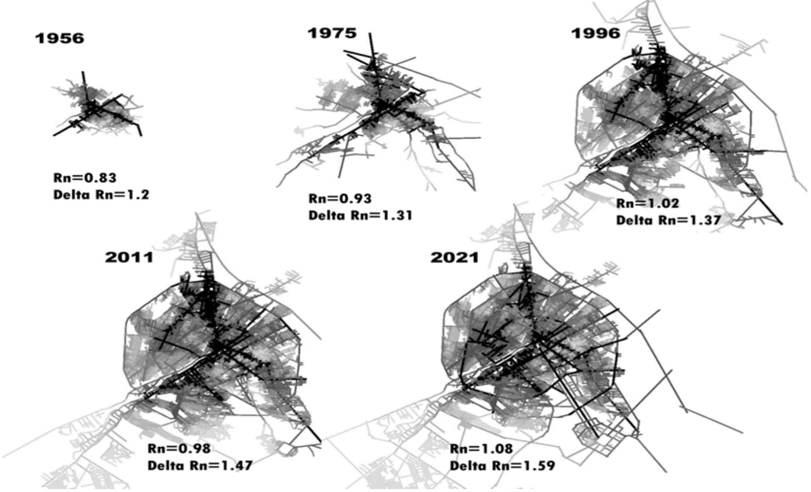 Axial map of qom in five sections of 1946, 1965, 1996, 2011