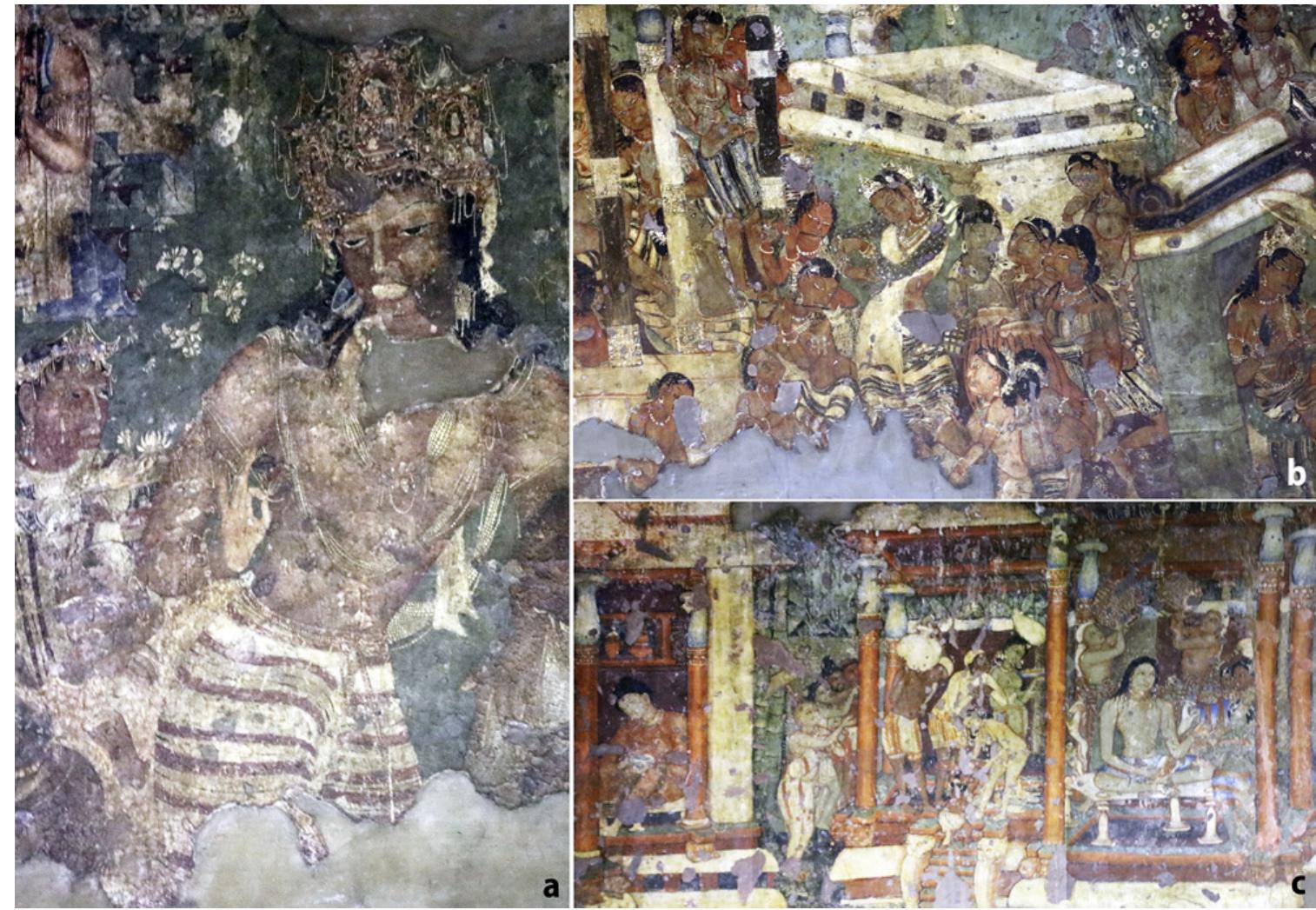 Figures in various costumes depicted in painted murals from