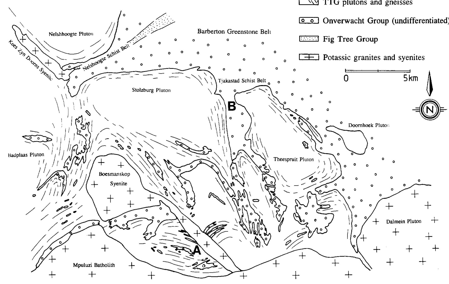 Simplified geological map of the granite-greenstone terrane