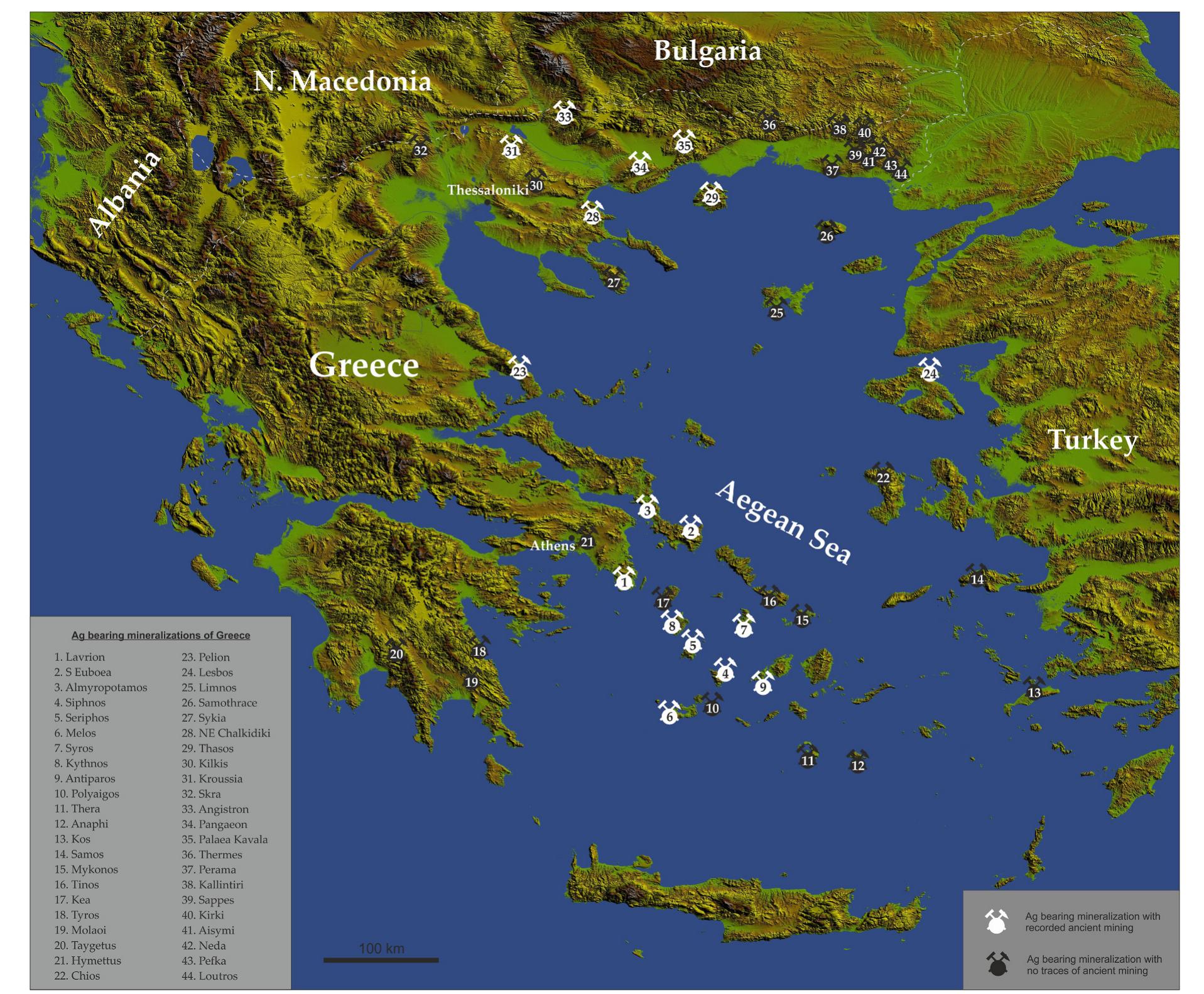 Geographic map depicting the ag-bearing mineralizations of